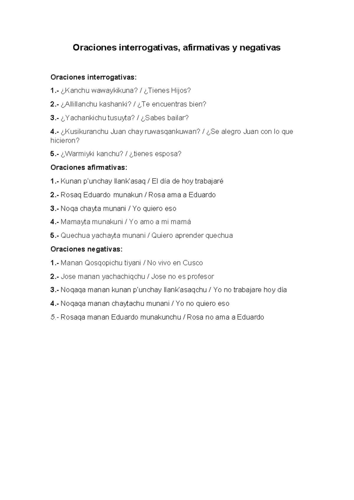 Oraciones interrogativas, afirmativas y negativas - ¿Kanchu wawaykikuna ...