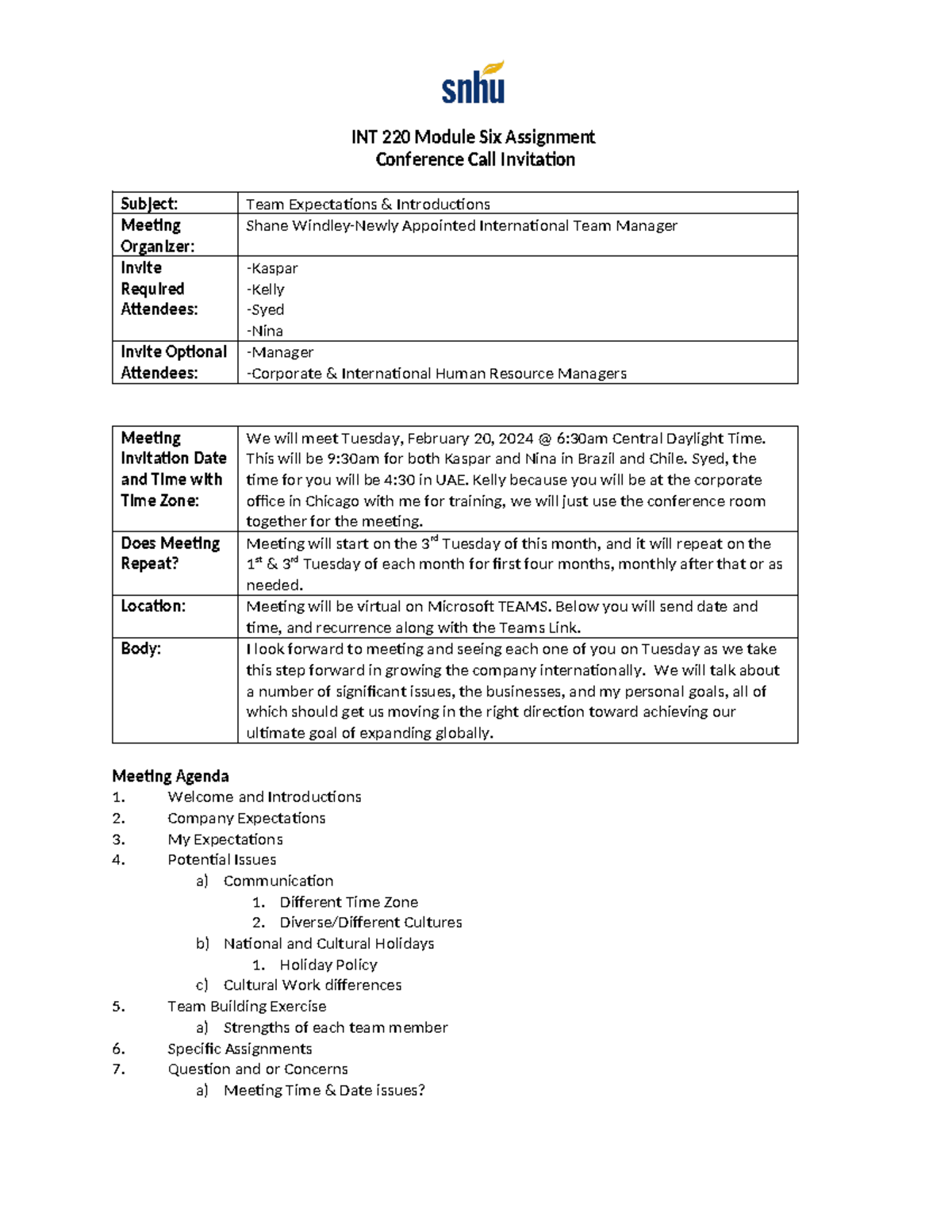 INT 220 Conference Call Invitation Shane Windley - INT 220 Module Six ...