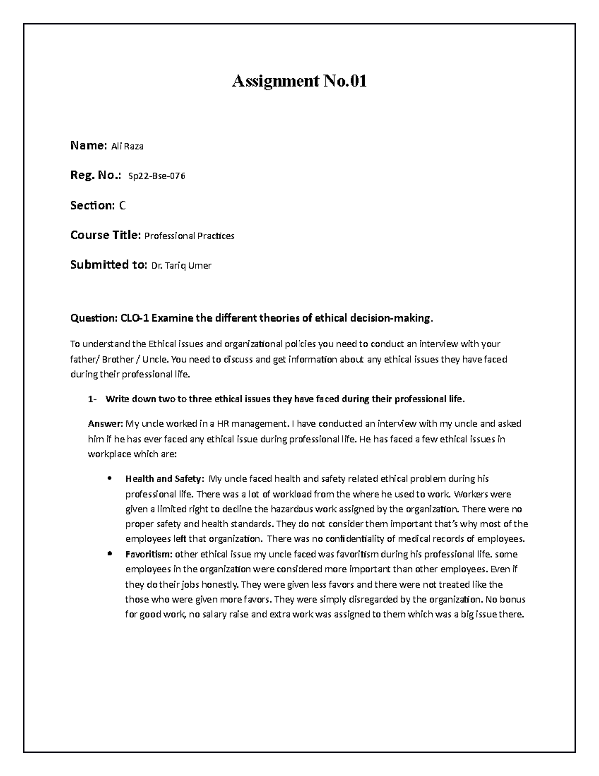 SP22 BSE 076 C - PPIT Assignment - Assignment No. Name: Ali Raza Reg. No.: Sp22-Bse- Section: C ...