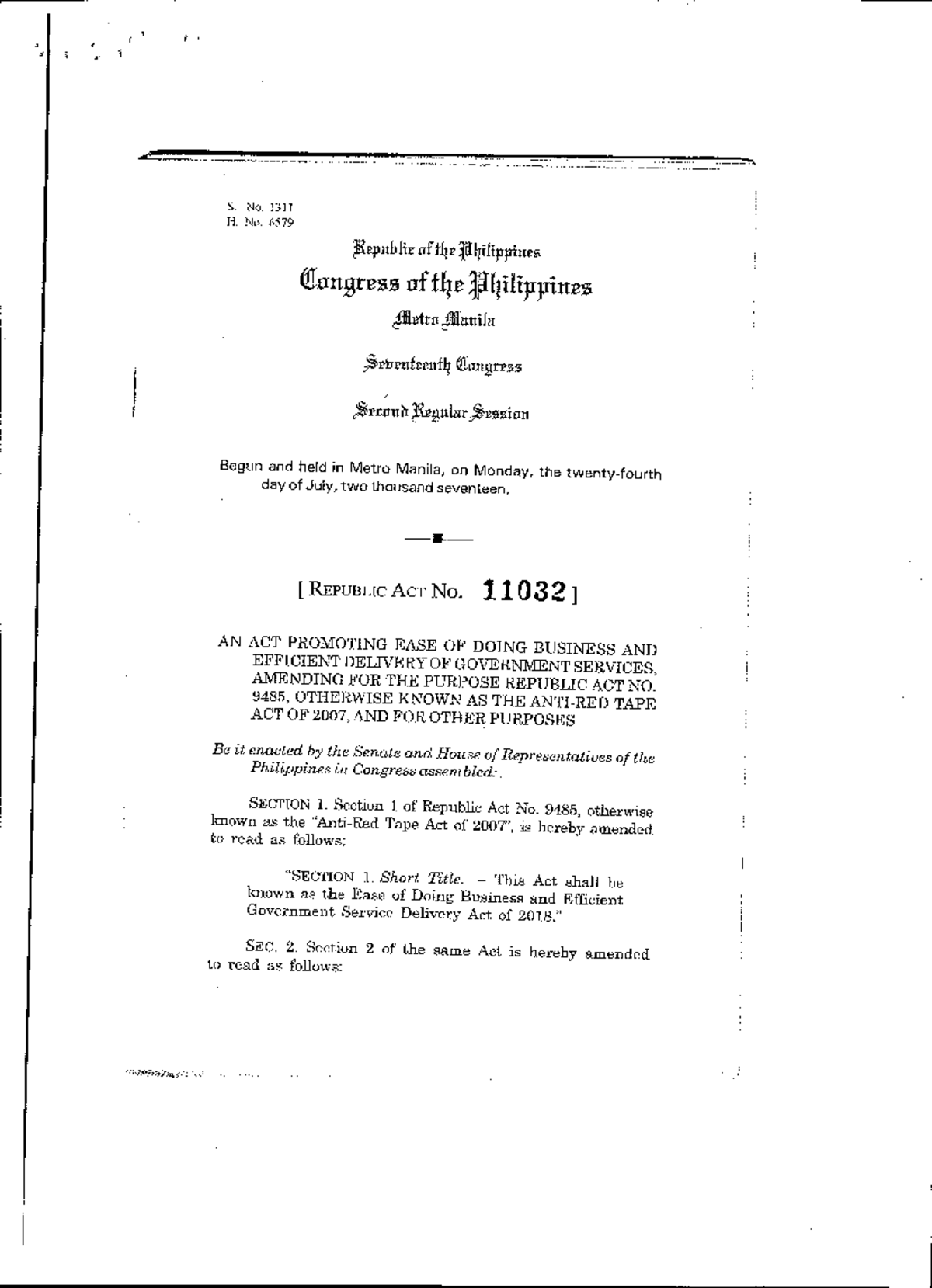 RA 11032 - i t .i ' S. No. 1311 H. No. 6579 ####### ~rpuhlir nf f4r ...