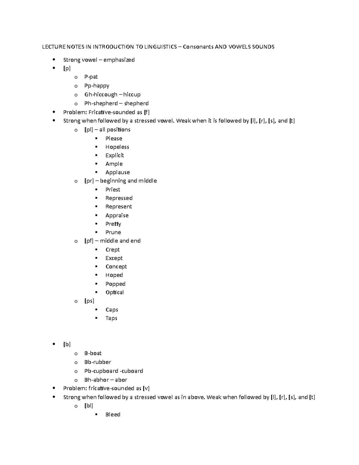 Lecture Notes IN Introduction TO Linguistics – Consonants AND Vowels ...