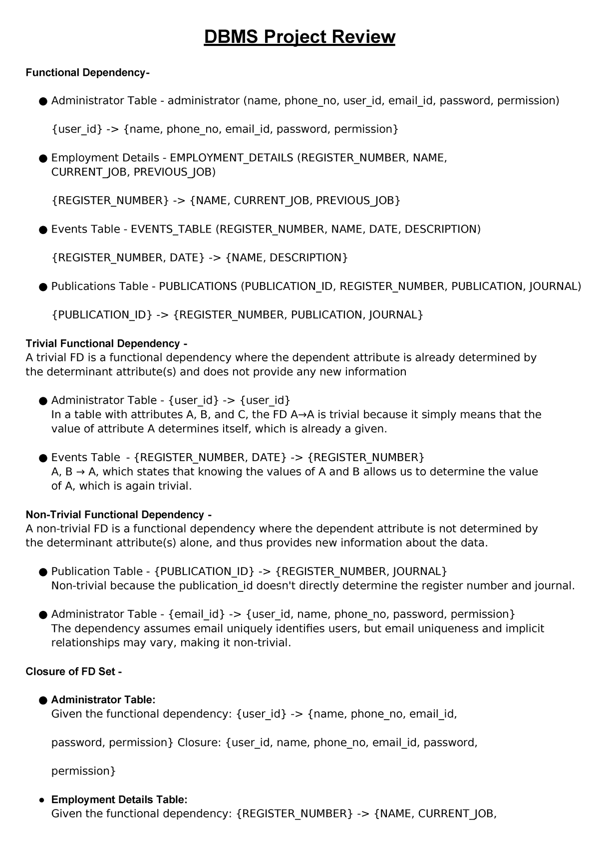 DBMS Project Review - DSDSDS - DBMS Project Review Functional Dependency- Administrator Table ...