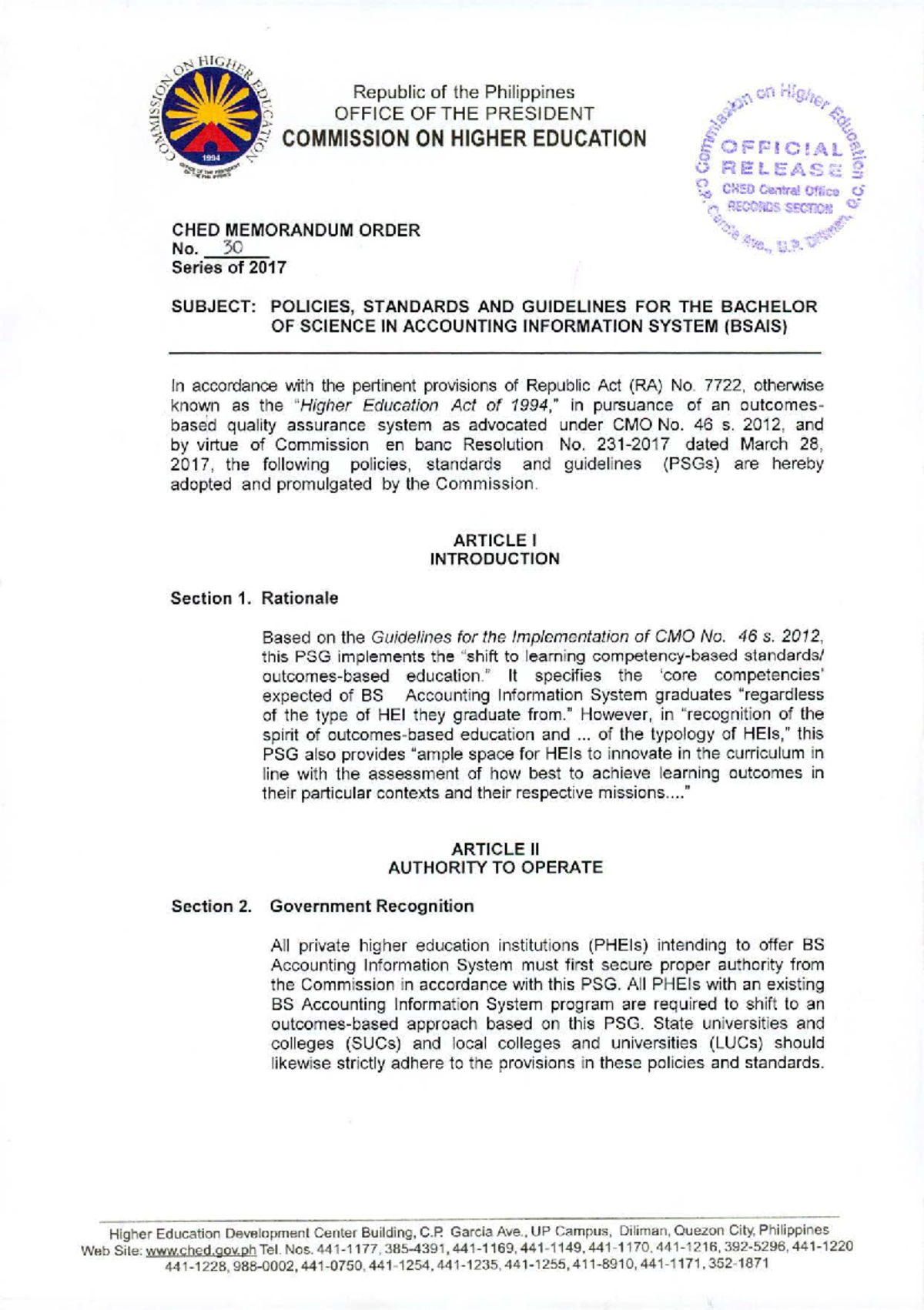 CMO 30 s 2017 - CHED CMO - Republic of the Philippines OFFICE OF THE PRESIDENT COMMIS SION ON ...