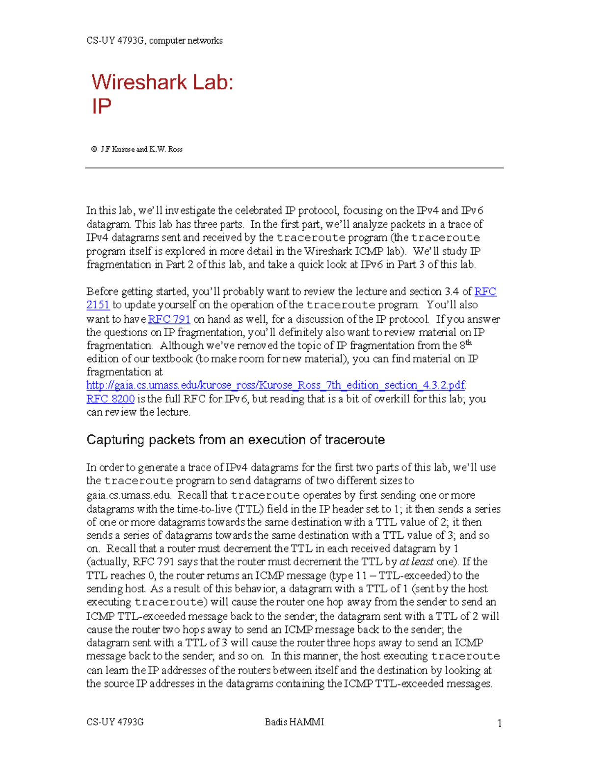5 Wireshark IP - Ehbrebf - Wireshark Lab: IP © J Kurose and K. Ross In this lab, we’ll ...