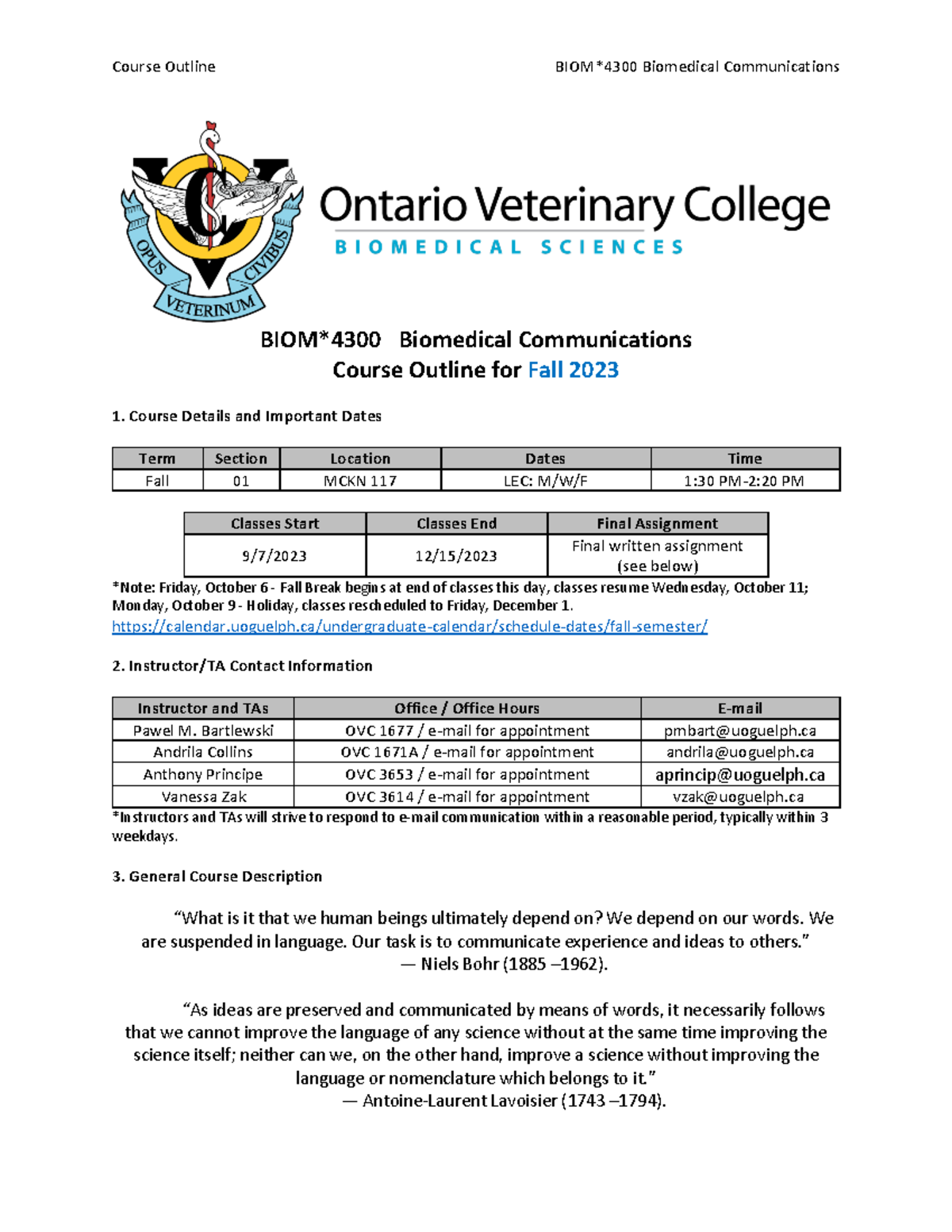 BIOM4300 Course Outline for Fall 2023 - BIOM*4300 Biomedical ...