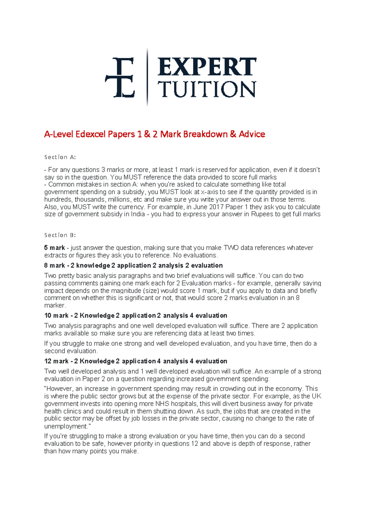 A Level Edexcel Papers 1 2 Mark Breakdown Advice - A-Level Edexcel ...