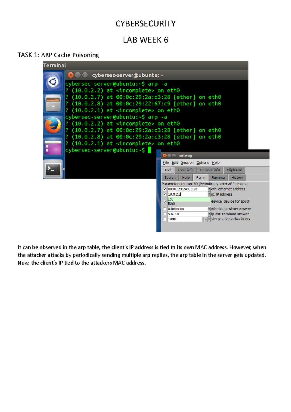 Week6TUT ARP&RST - ARP Cache Poising & RST attacks - CYBERSECURITY LAB WEEK 6 TASK 1: ARP Cache ...