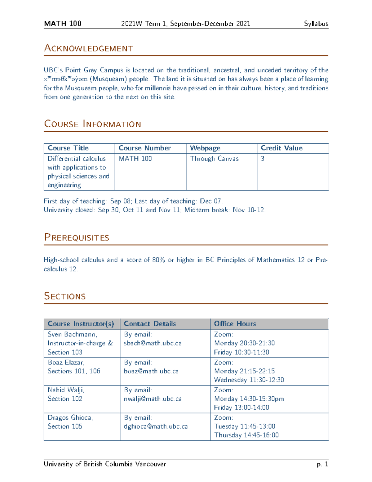 MATH 100 Syllabus - Acknowledgement UBC’s Point Grey Campus is located ...