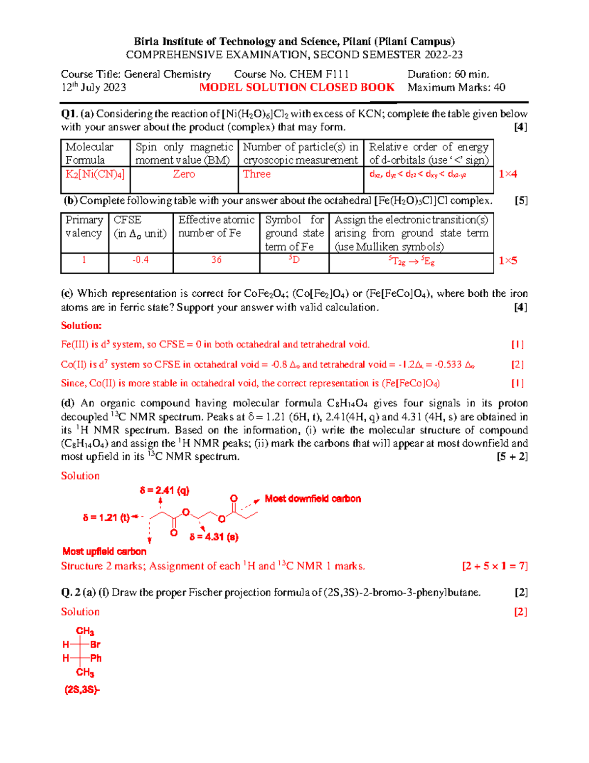 Model Solution compre CB gc - Birla Institute of Technology and Science, Pilani (Pilani Campus ...