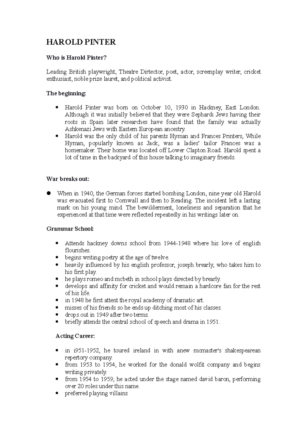 Harold Pinter (Text of Report) - HAROLD PINTER Who is Harold Pinter ...