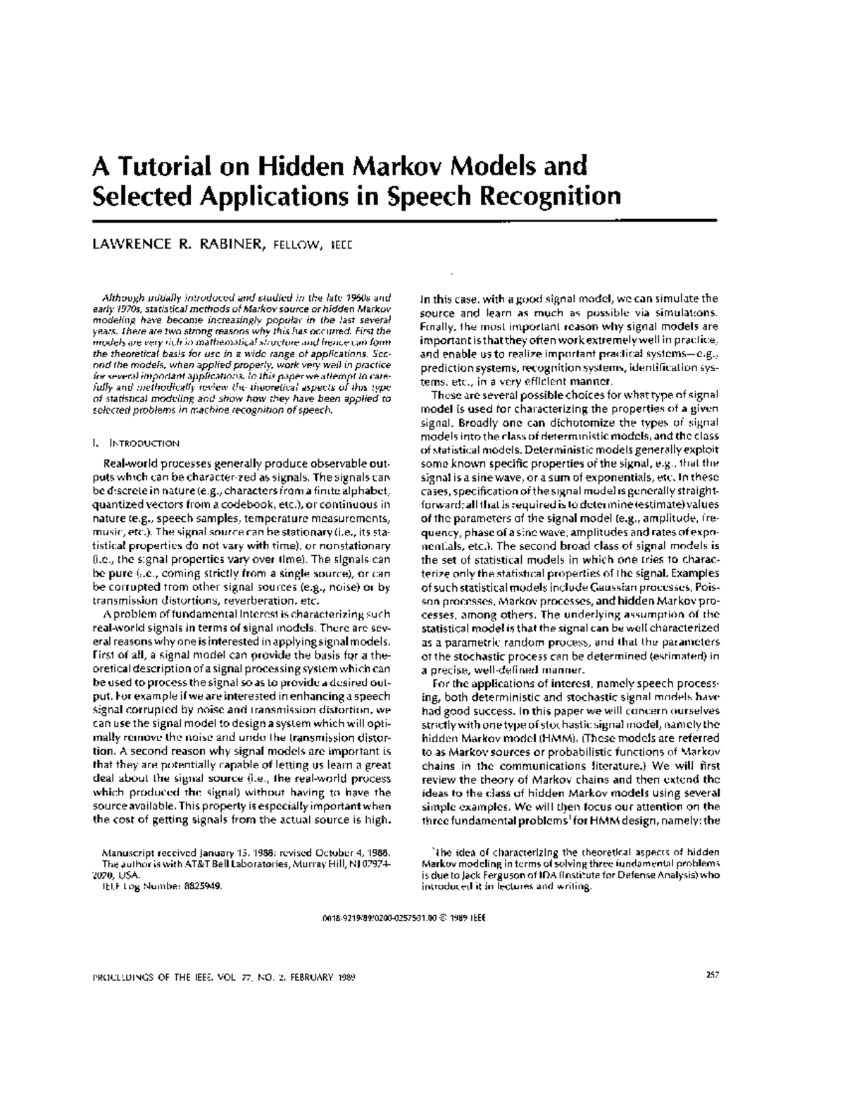 Rabiner HMM CSE-5311 - CSE 5301 - Studocu