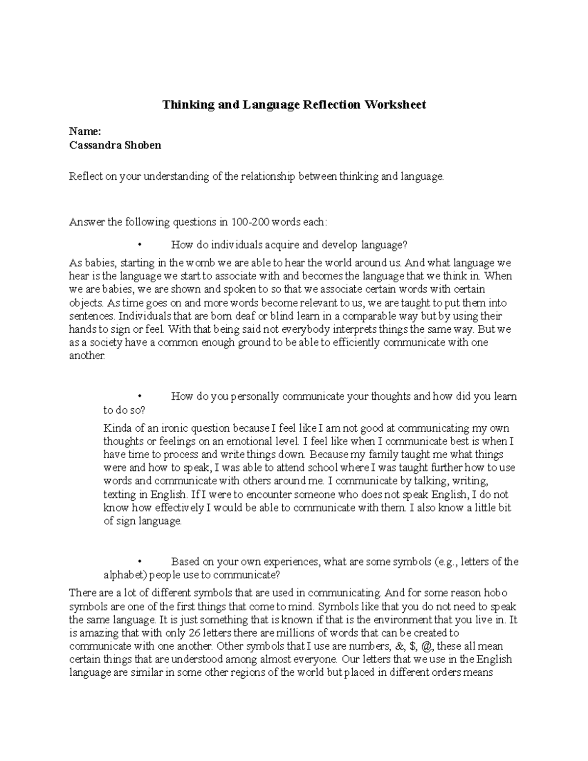 Turnin PHI 105 - Worksheet. Thinking and language - Thinking and ...