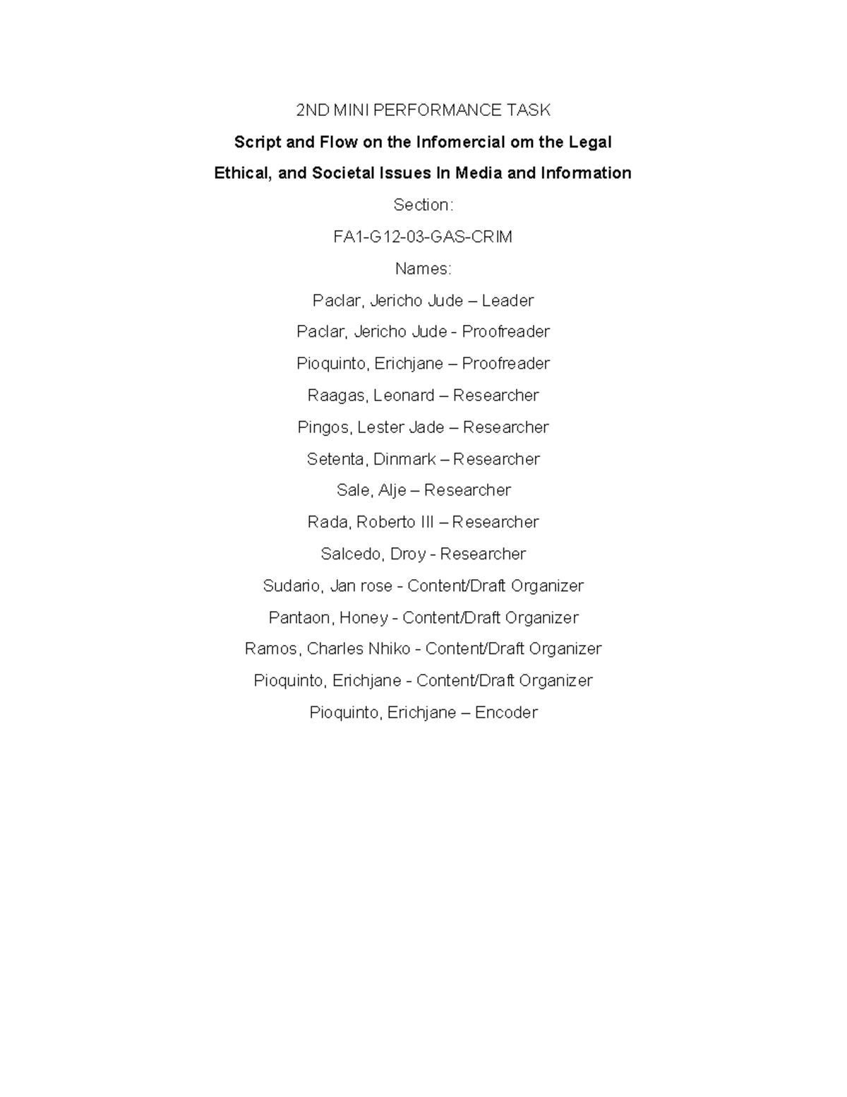 2ND MINI PERFORMANCE TASK COR 16 - GRADE 12 - 2ND MINI PERFORMANCE TASK ...