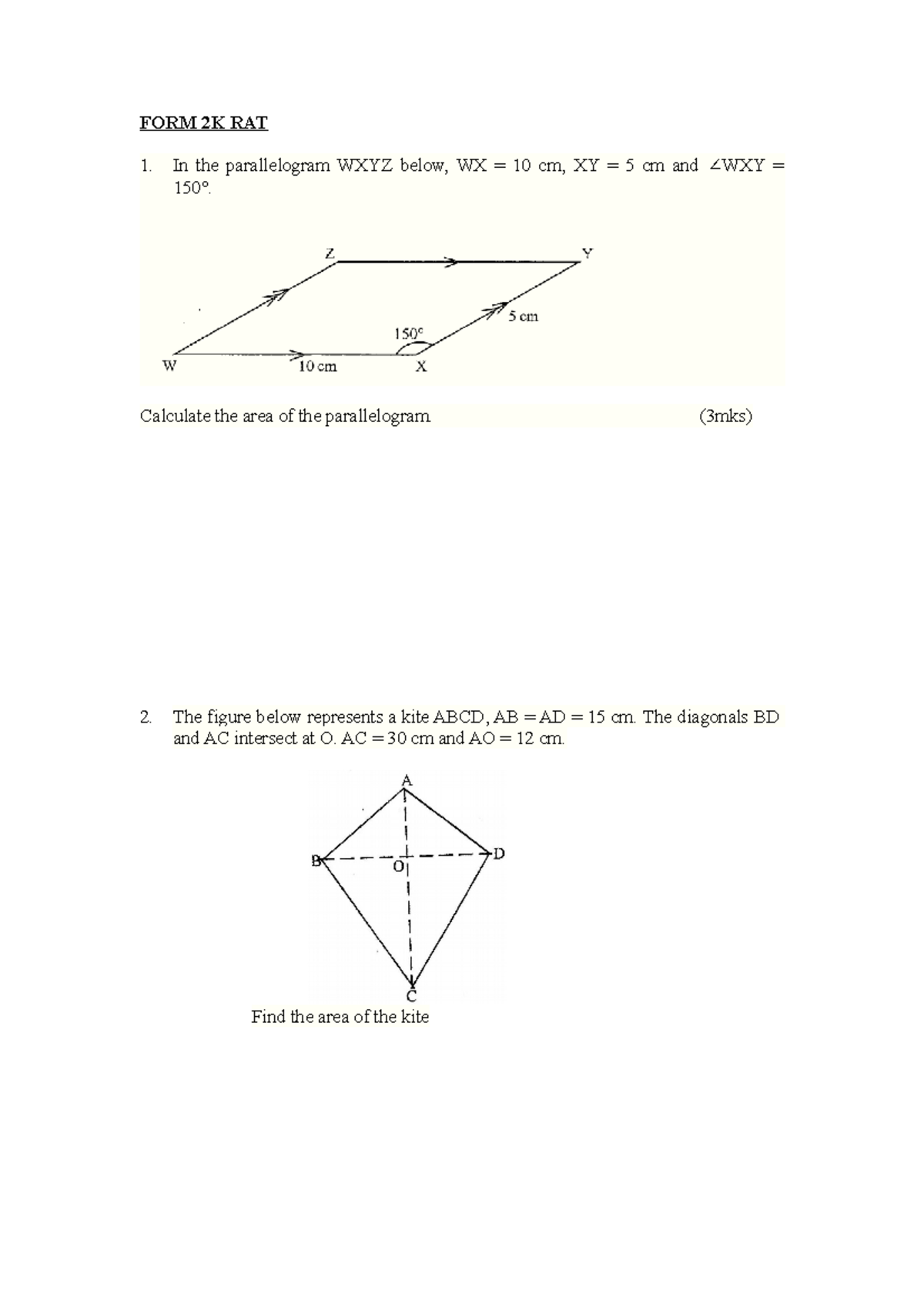 2k RAT - notes - FORM 2K RAT In the parallelogram WXYZ below, WX = 10 ...