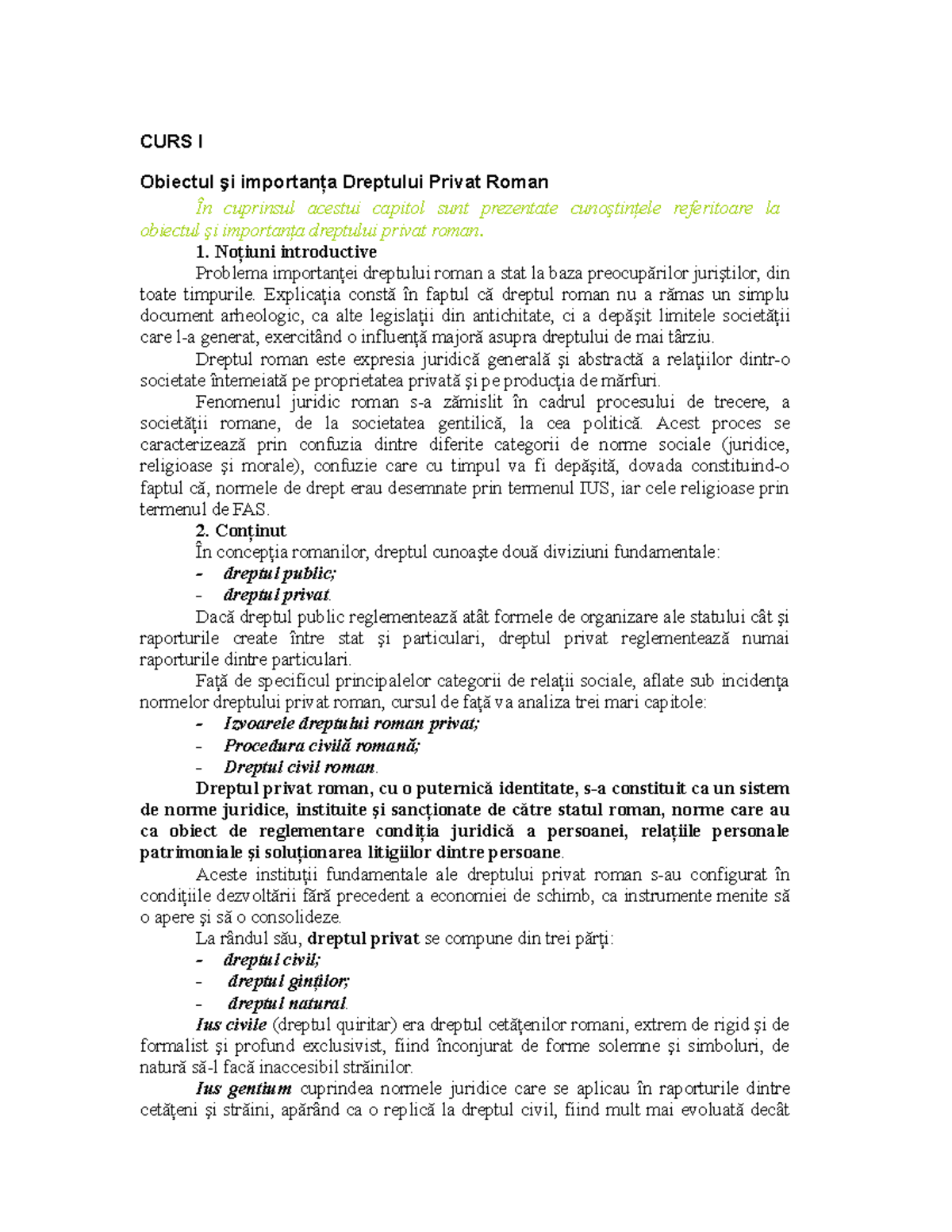 CURS I - Primul curs in cadrul dreptului roman - CURS I Obiectul şi ...