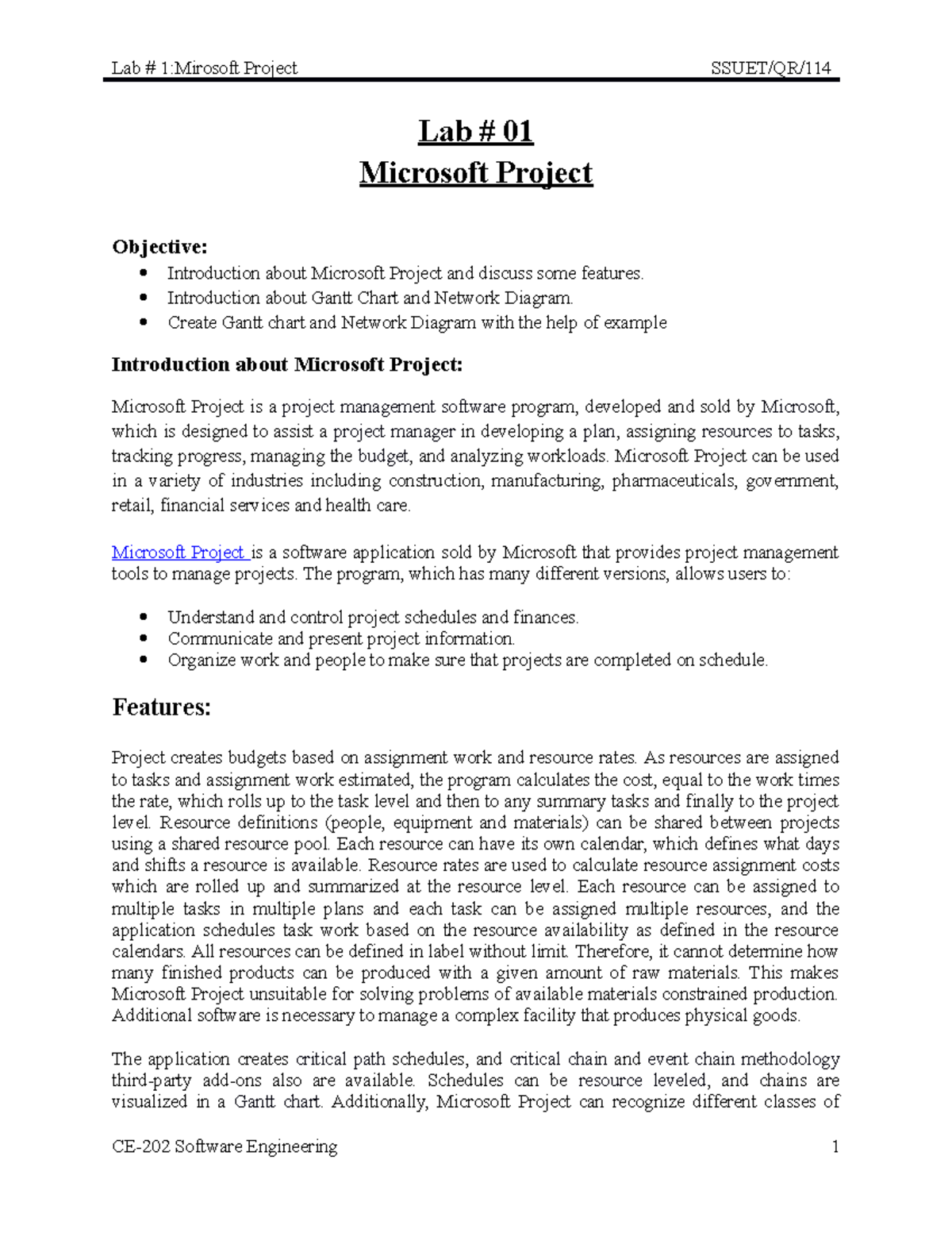 Lab 01 Microsoft Project - Lab # 01 Microsoft Project Objective: Introduction about Microsoft ...