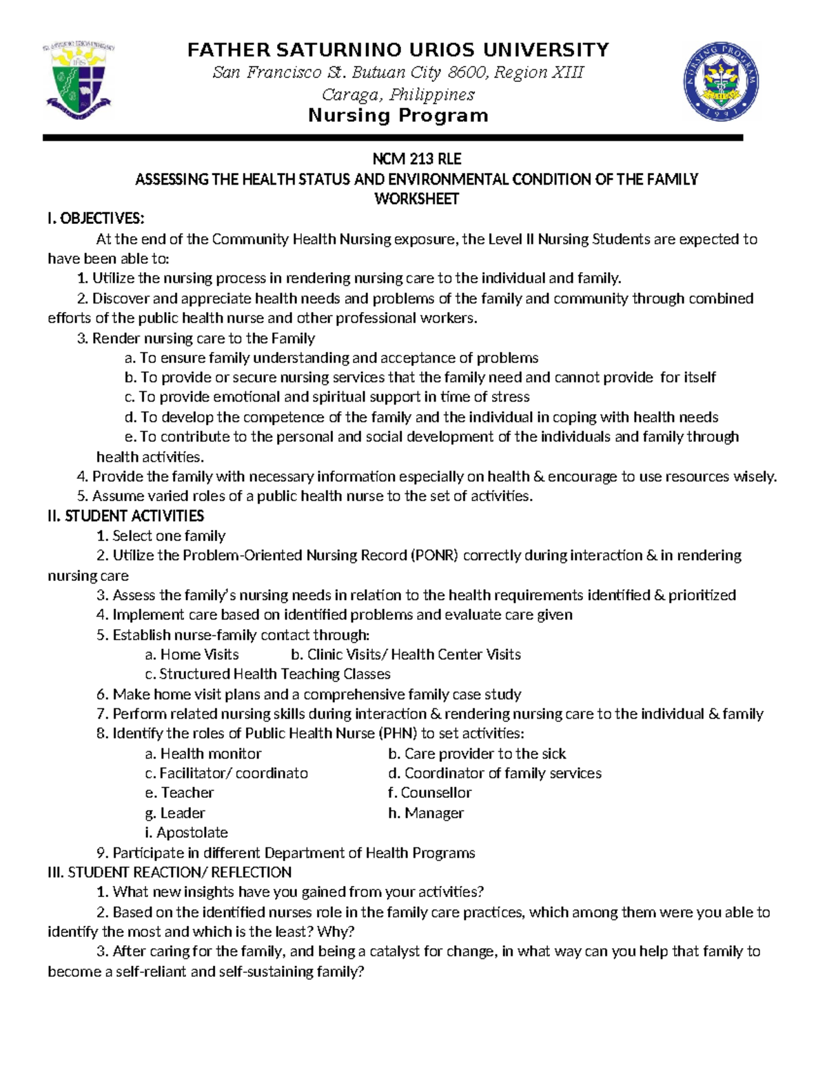 CHN Worksheet Assessing Family - FATHER SATURNINO URIOS UNIVERSITY San ...