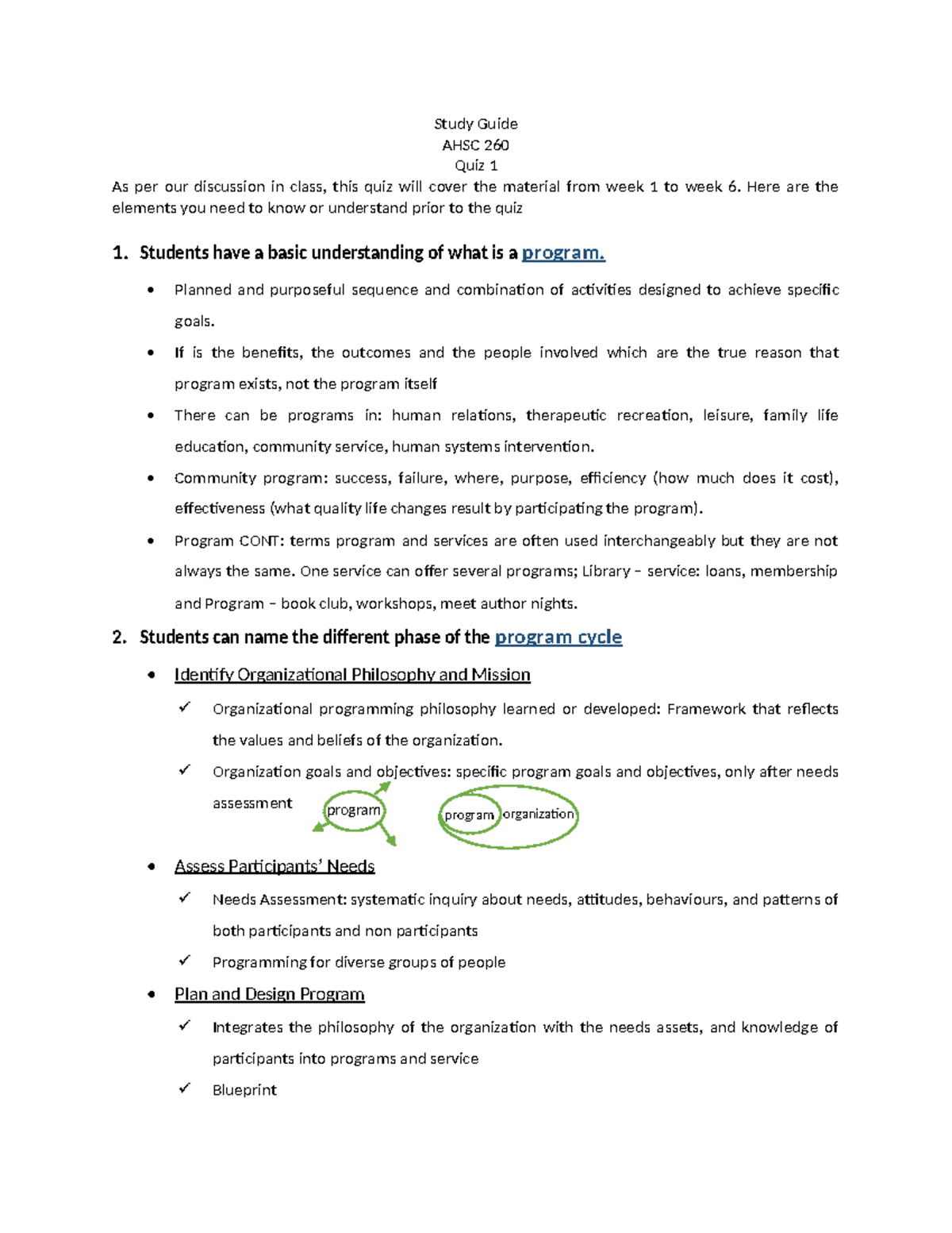 Study Guide - Quiz - Study Guide AHSC 260 Quiz 1 As per our discussion ...