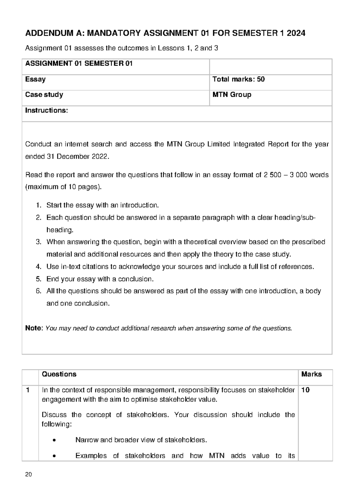 Assignment 01 - mng3702 - 20 ADDENDUM A: MANDATORY ASSIGNMENT 01 FOR SEMESTER 1 202 4 Assignment ...