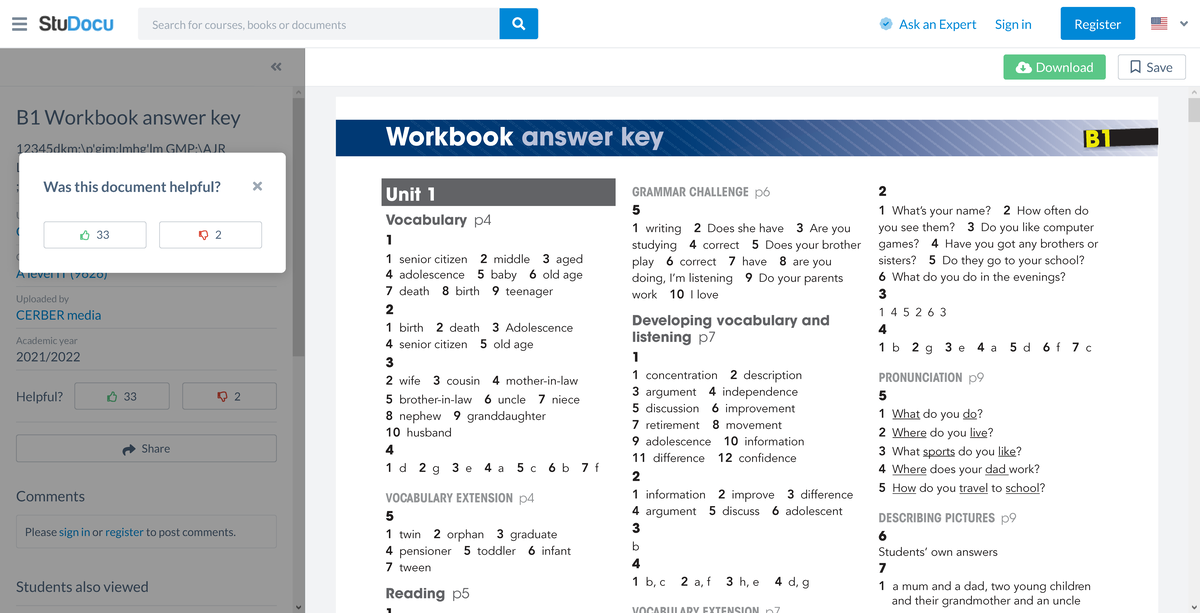 B1 Workbook answer key - Unit 1 ####### Vocabulary p ####### 1 1 senior ...