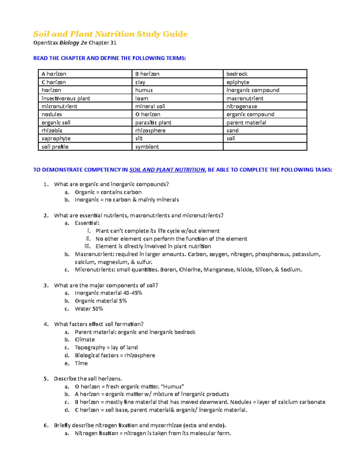Ch 31 Soil and Plant Nutrition Study Guide - Soil and Plant Nutrition ...