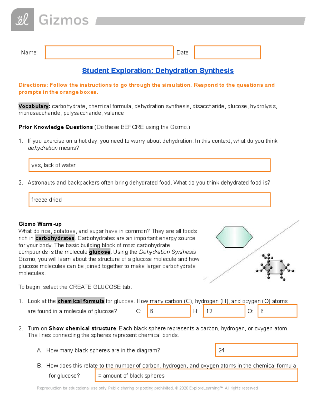 Gizmo Dehydration Synthesis Hydrolysis - Name: Date: Student ...
