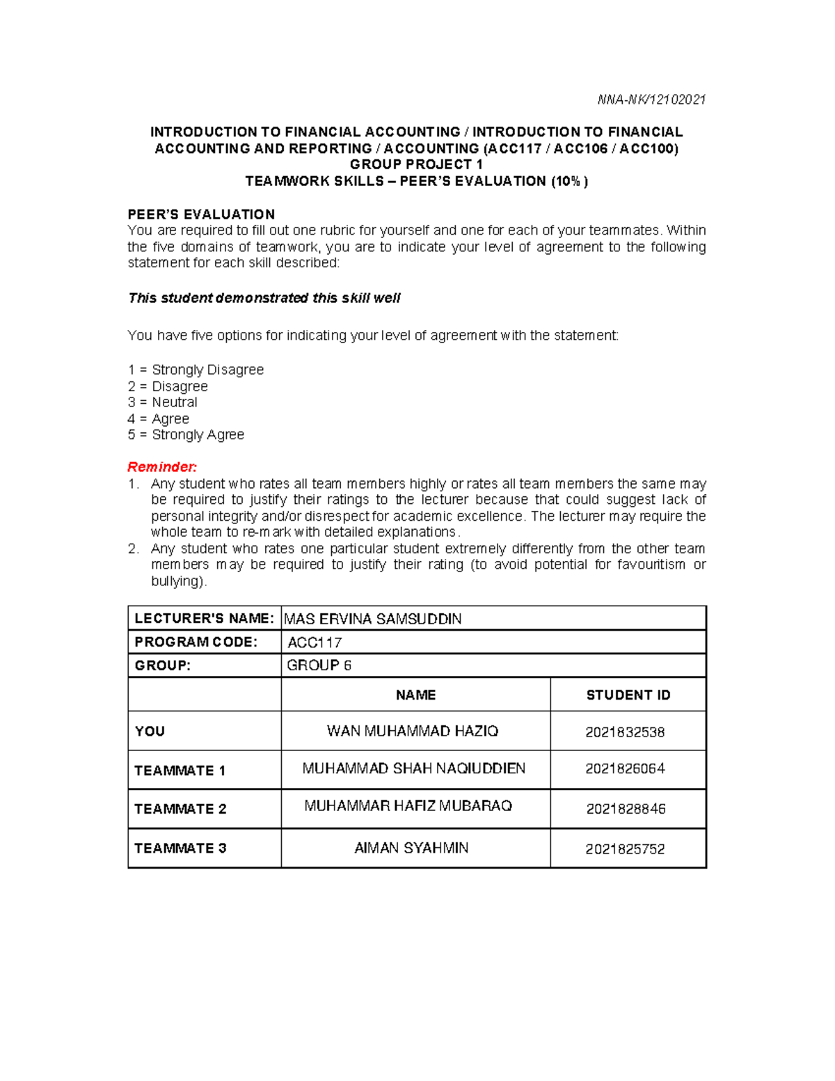 8 OCT2021 ACC117-106-100 Teamwork Rubric - Student COPY - INTRODUCTION ...