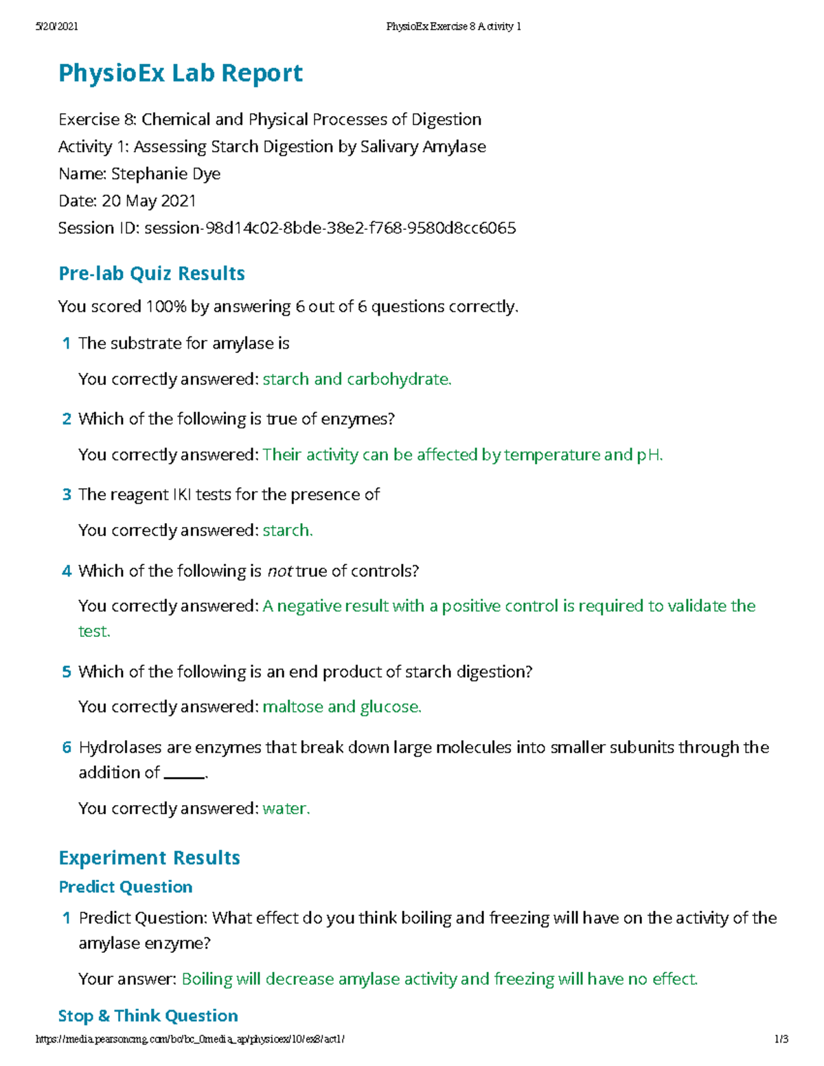 Physio X ex8act1 - Weekly Lab Assignments - 5/20/2021 PhysioEx Exercise ...