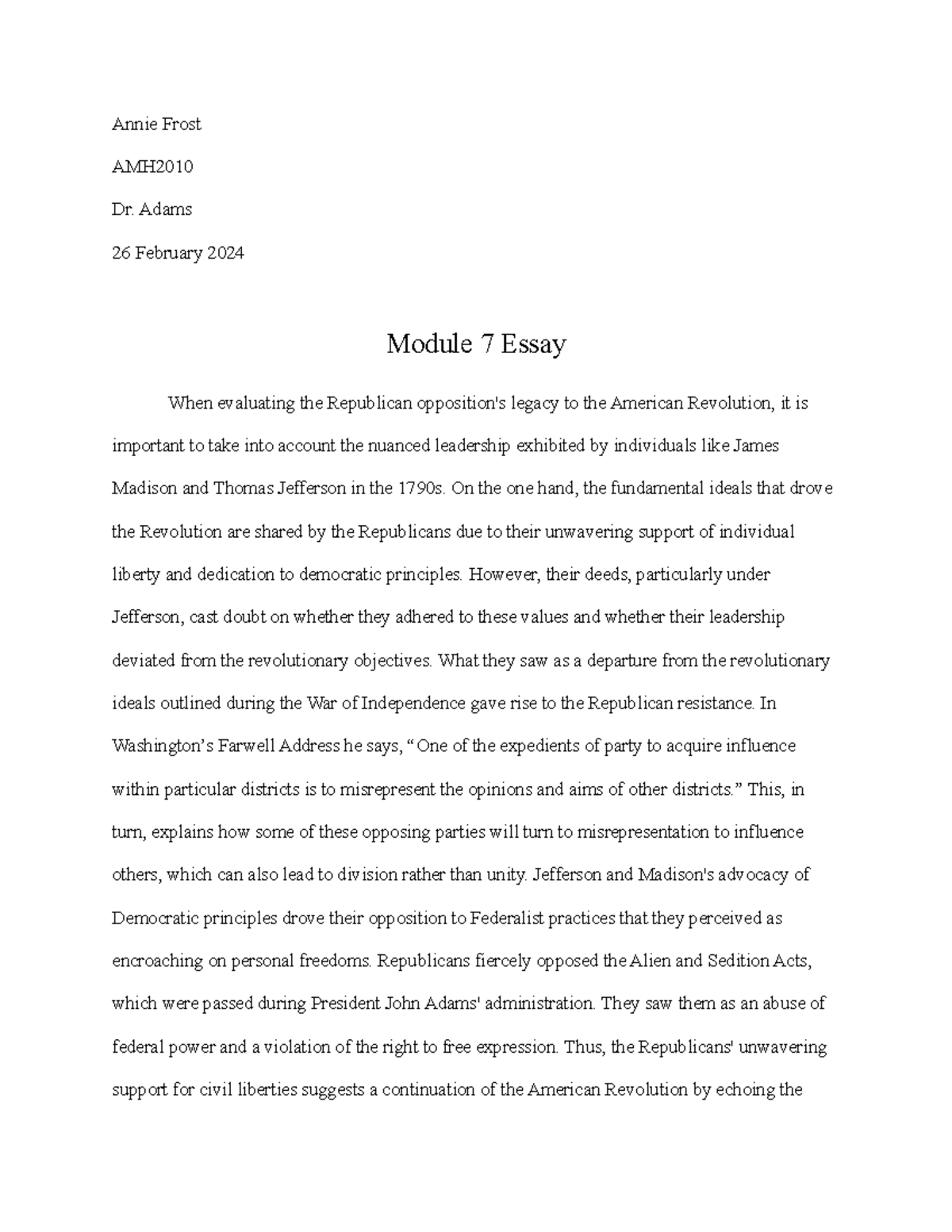 AMH2010 essay mod 7 - Annie Frost AMH Dr. Adams 26 February 2024 Module ...