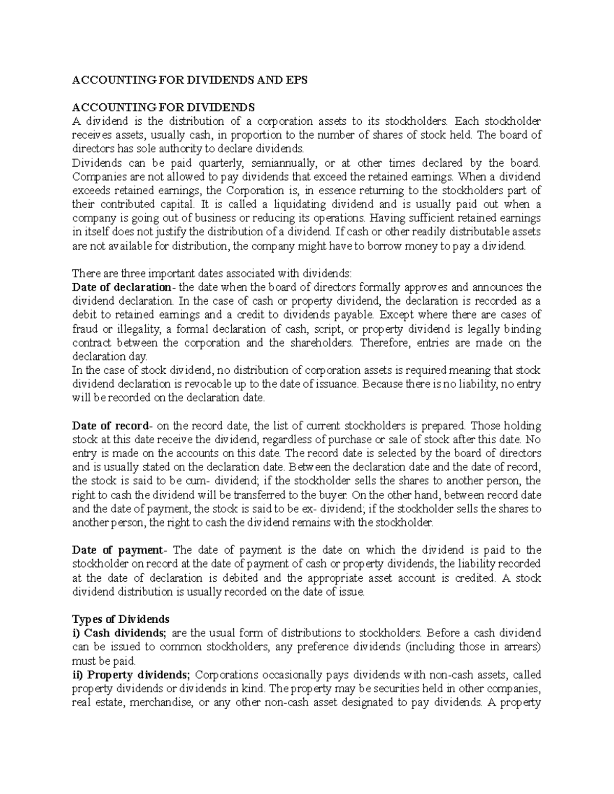 Accounting FOR Dividends AND EPS notes - ACCOUNTING FOR DIVIDENDS AND ...