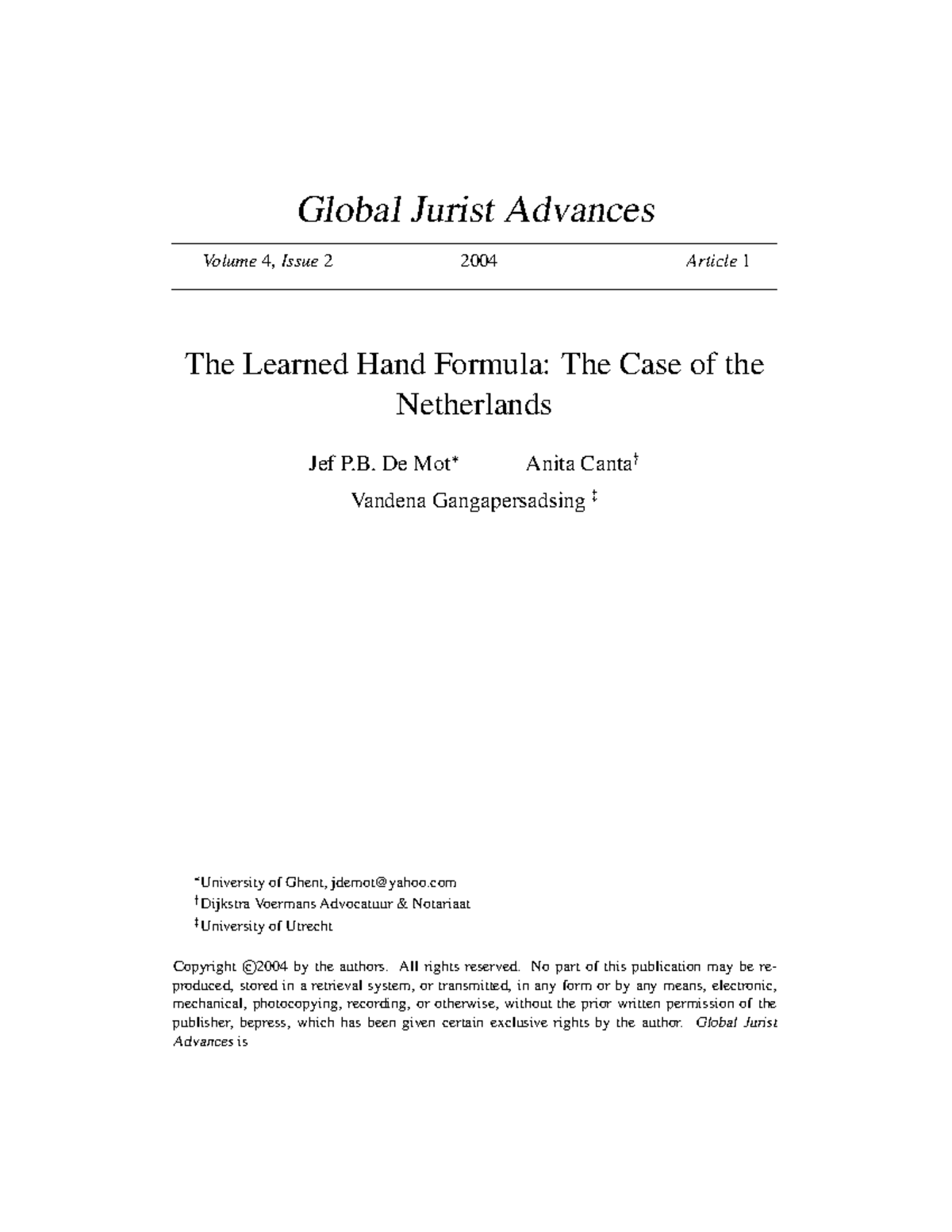 J. De Mot e.a., ‘The Learned Hand Formula The Case of the Netherlands ...