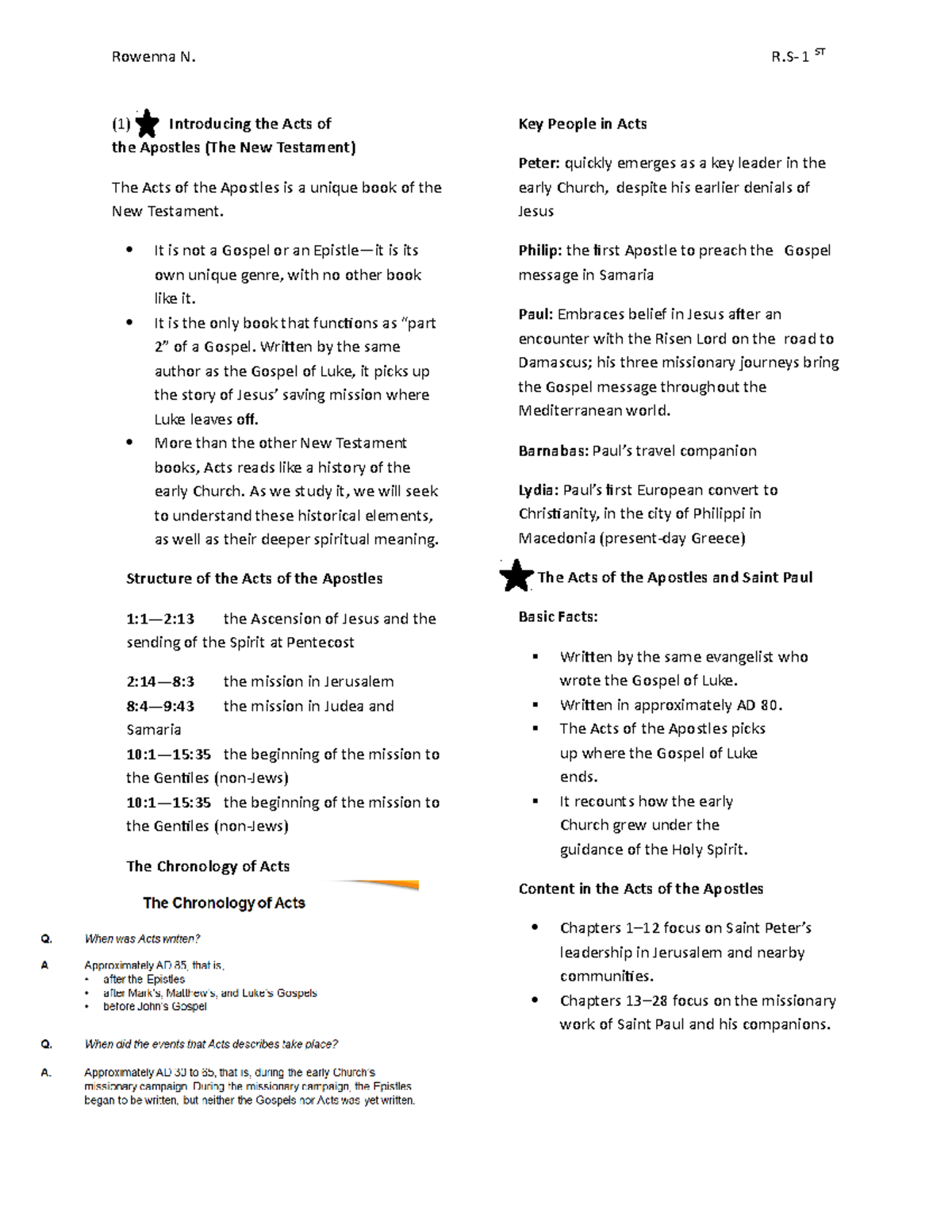 Religious Studies Handout 2 - (1) Introducing the Acts of the Apostles ...