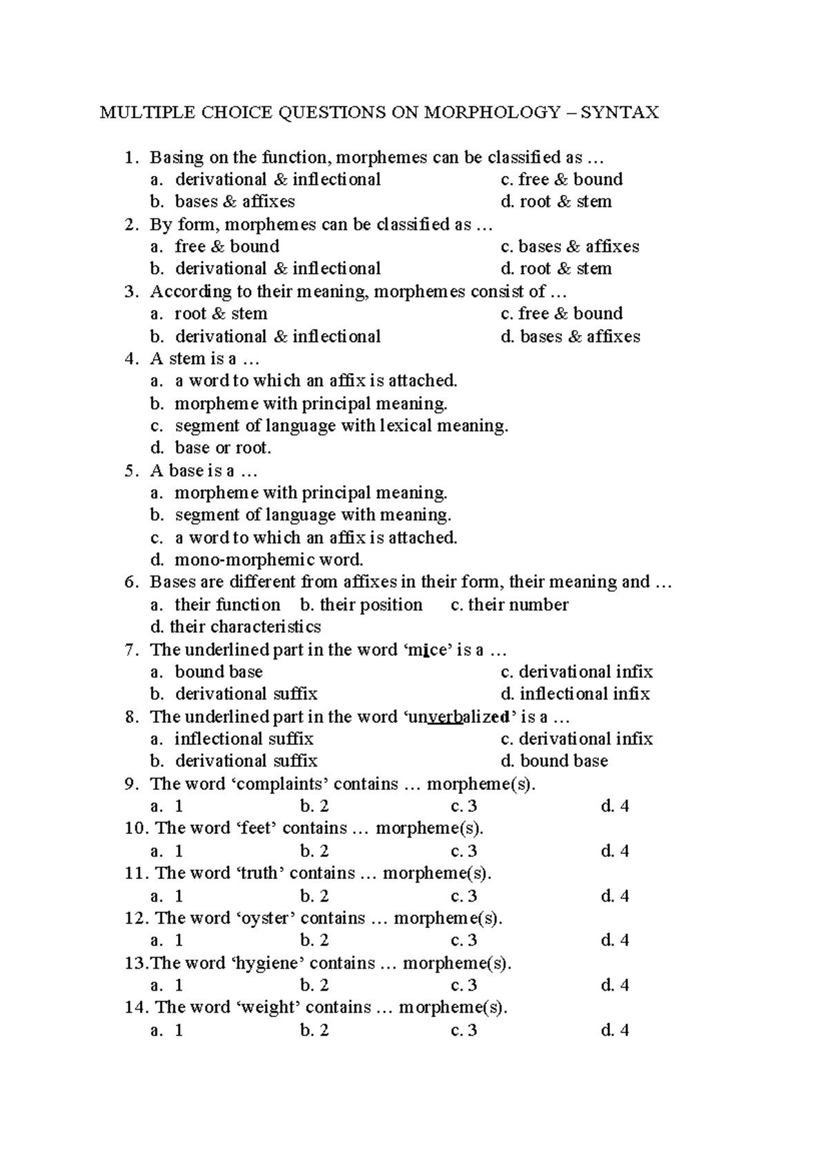 Multiple Choice Questions ON Morphology - MULTIPLE CHOICE QUESTIONS ON MORPHOLOGY – SYNTAX ...