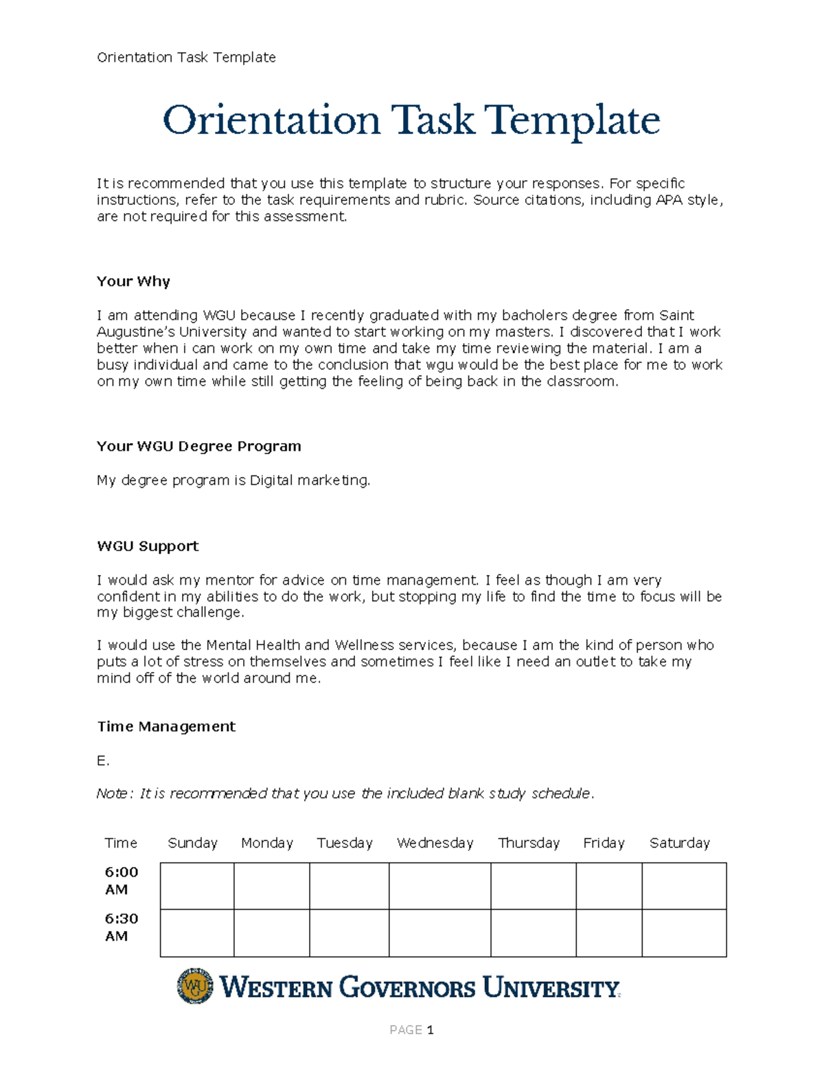 Orientation Task Template - For specific instructions, refer to the ...