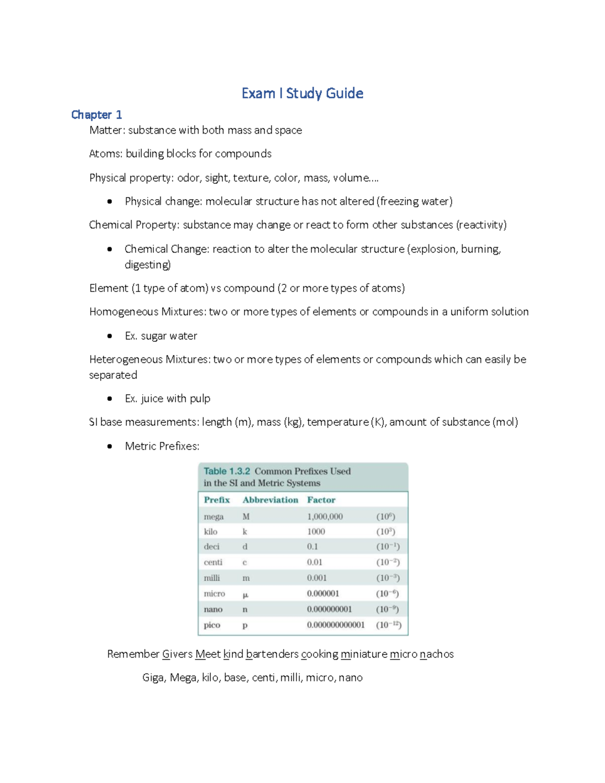 Exam I Study Guide - Exam I Study Guide Chapter 1 Matter: substance ...