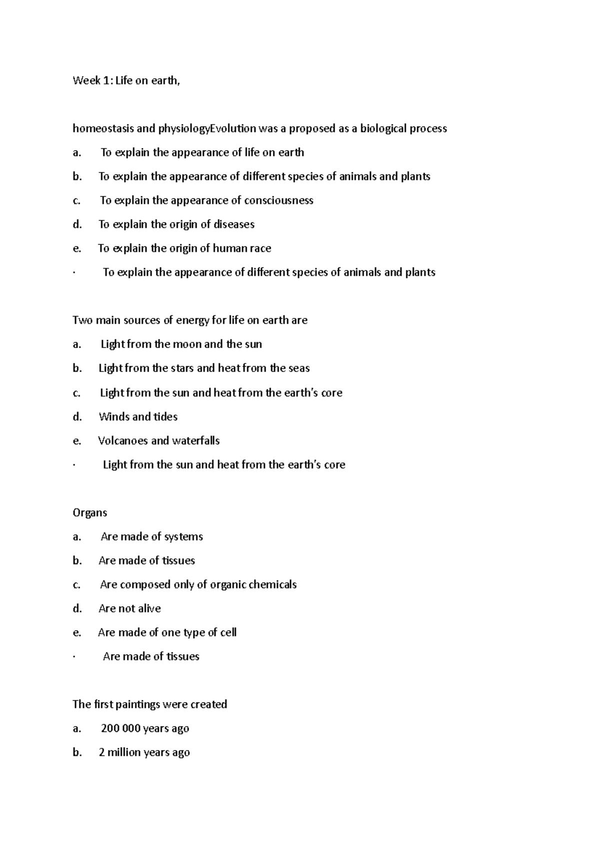 Exam Practice Questions - Week 1: Life on earth, homeostasis and ...