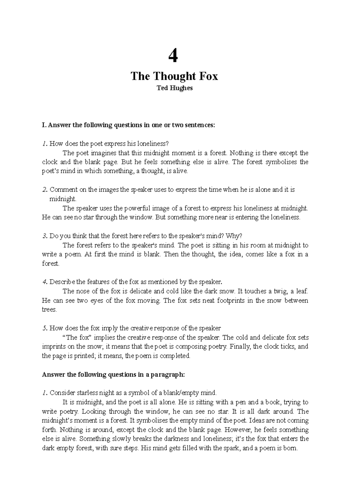 The Thought Fox - 4 The Thought Fox Ted Hughes I. Answer the following ...