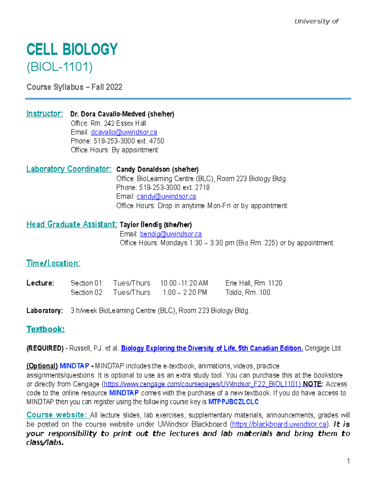 Course syllabus - University of 1 CELL BIOLOGY (BIOL-1101) Course ...