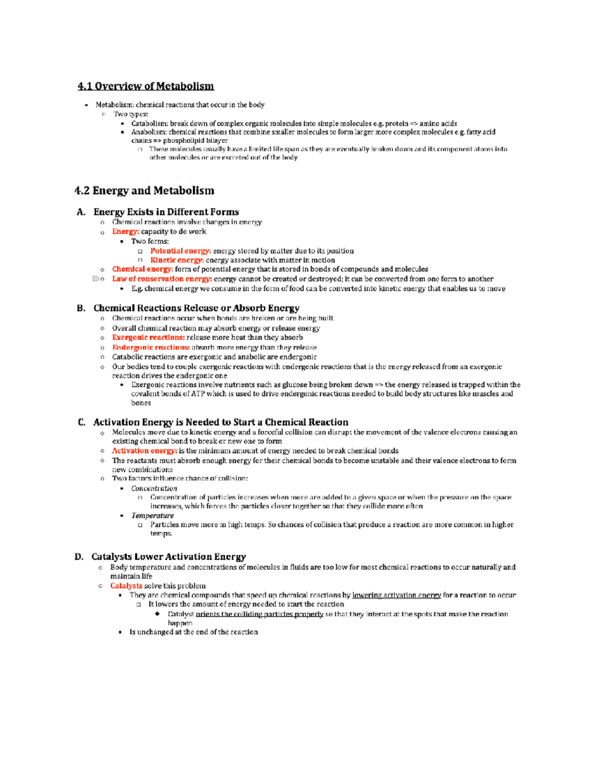 Chapter Four Cellular Metabolism Notes - Biol 230 - Studocu