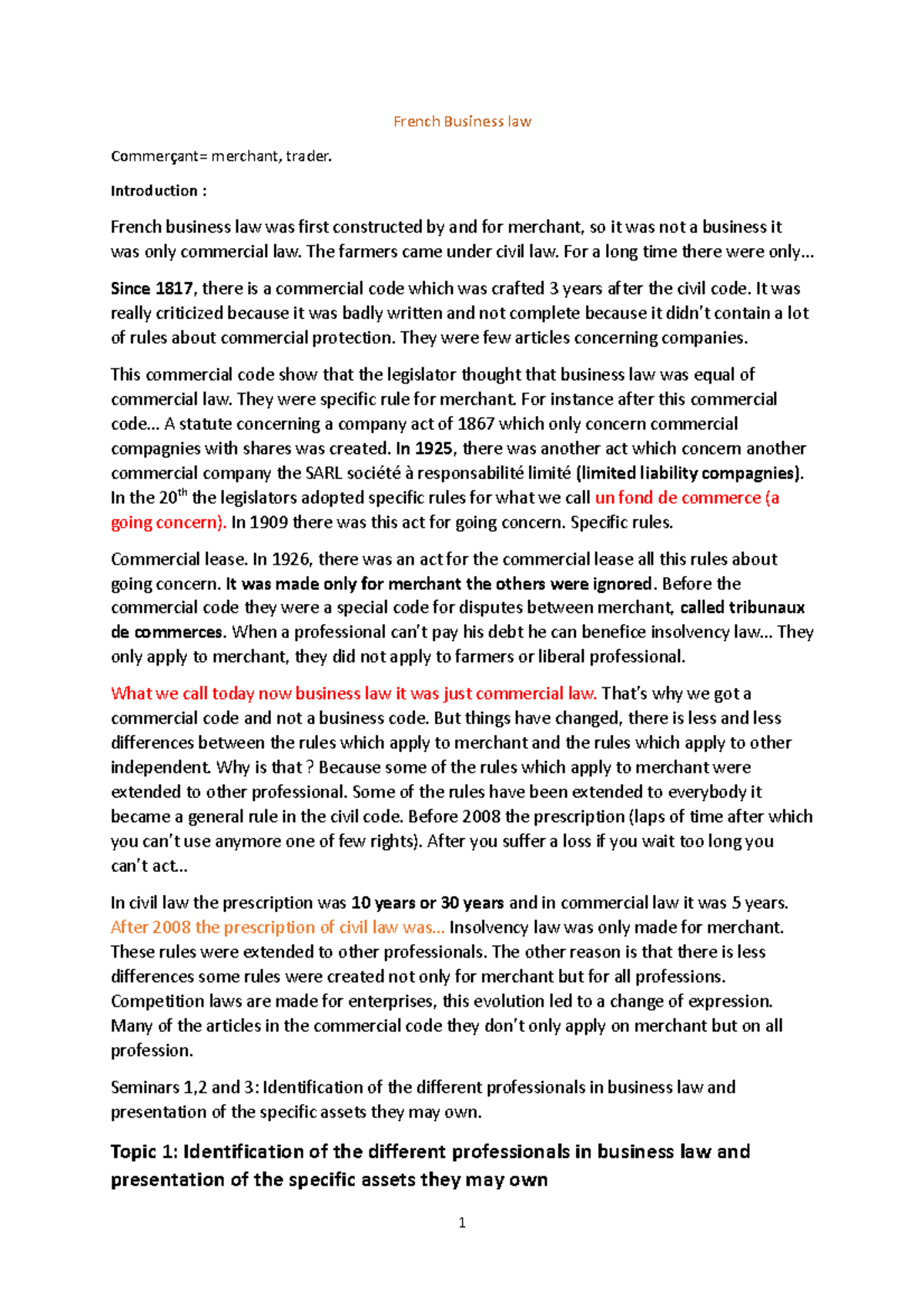 CM1-French buisness law - French Business law Commerçant= merchant ...