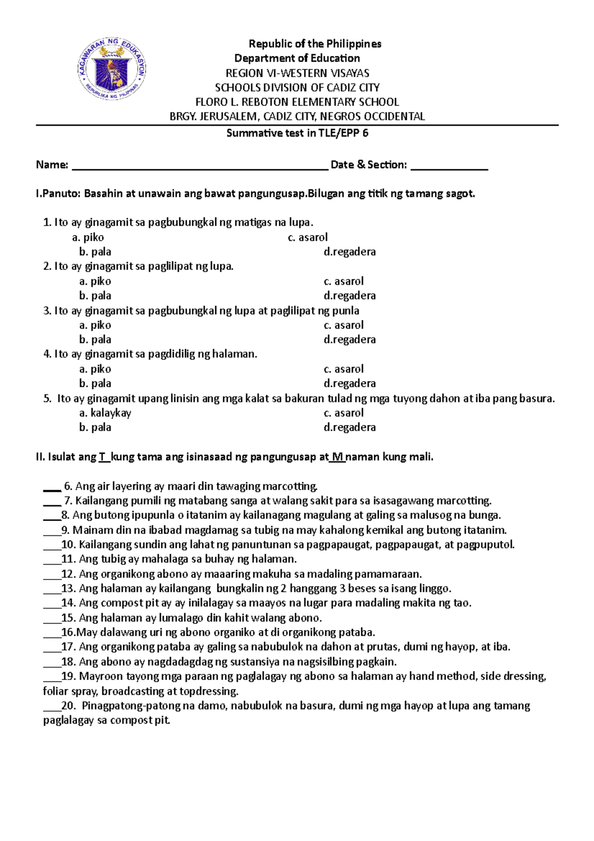 EPP 6 2ND Quarter 1 - EDUCATION - Republic of the Philippines ...