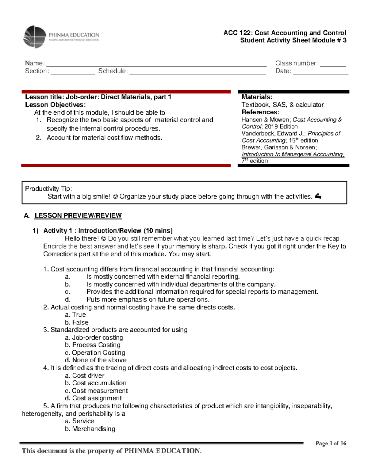 ACC 122 SAS DAY 3 - Materials - Student Activity Sheet Module # 3 Name ...