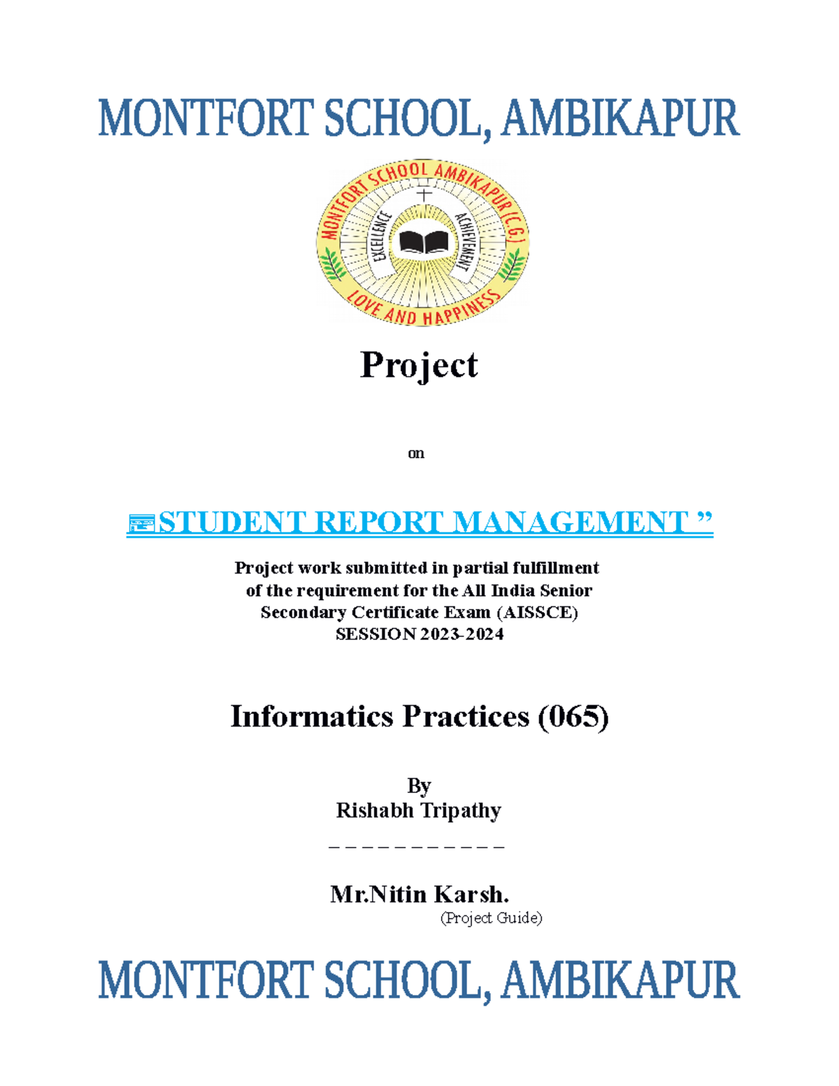 Front and Certificate - IP practical for class 12 - Project on STUDENT ...