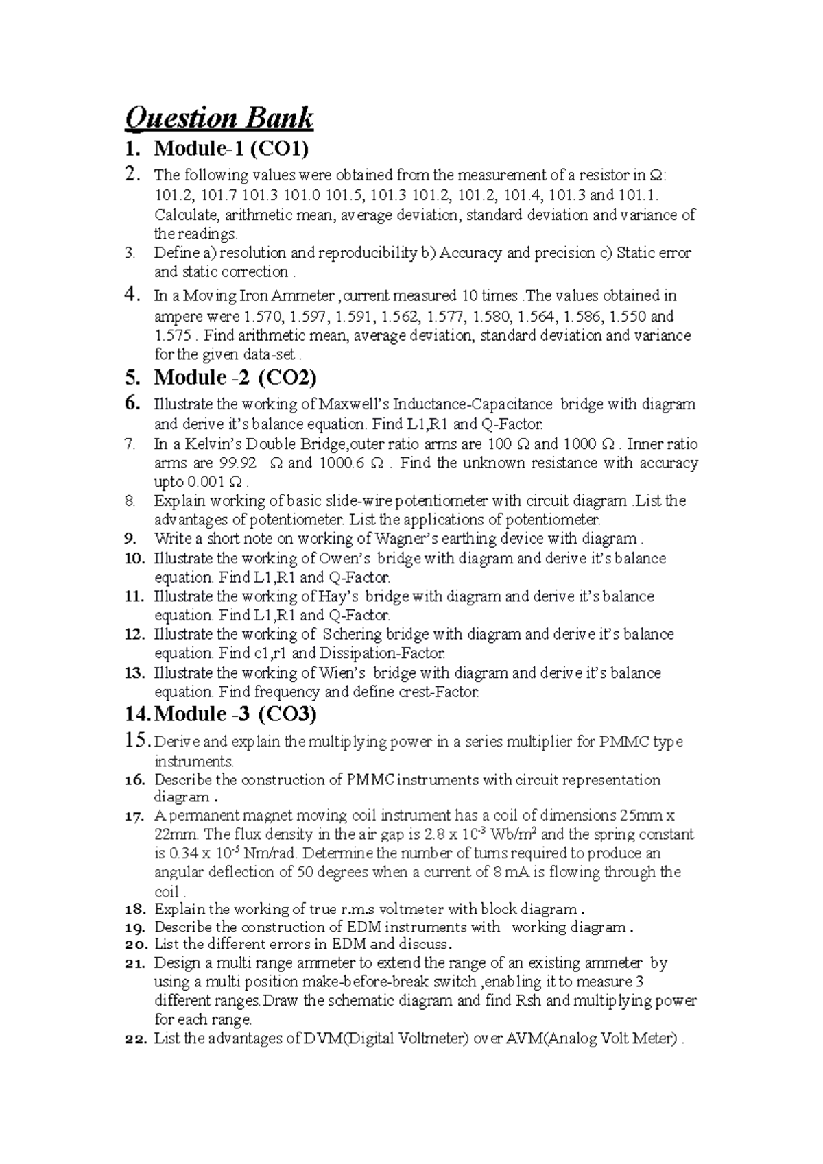 Question Bank-PMI - lsfn'psn - Question Bank 1. Module-1 (CO1) 2. The following values were ...