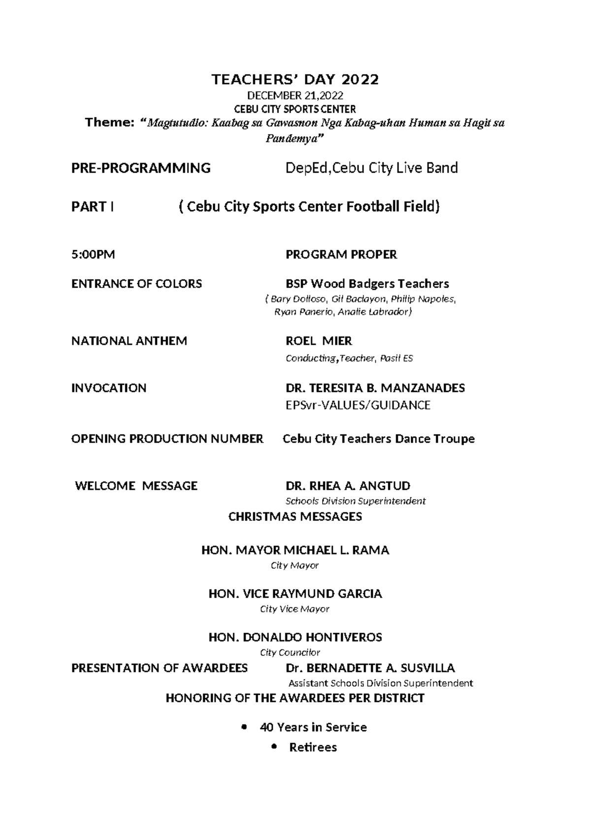 2022 teachers day Programme - TEACHERS’ DAY 2022 DECEMBER 21, CEBU CITY ...