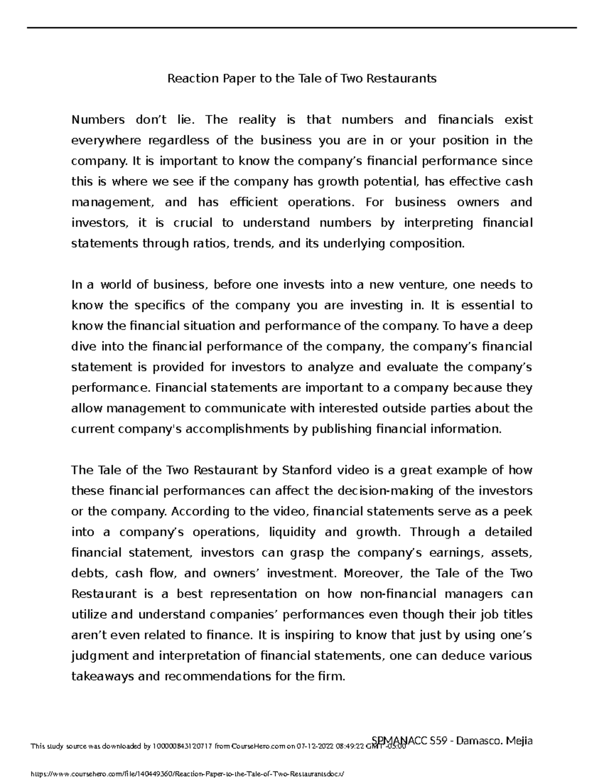 Reaction Paper to the Tale of Two Restaurants - The reality is that ...