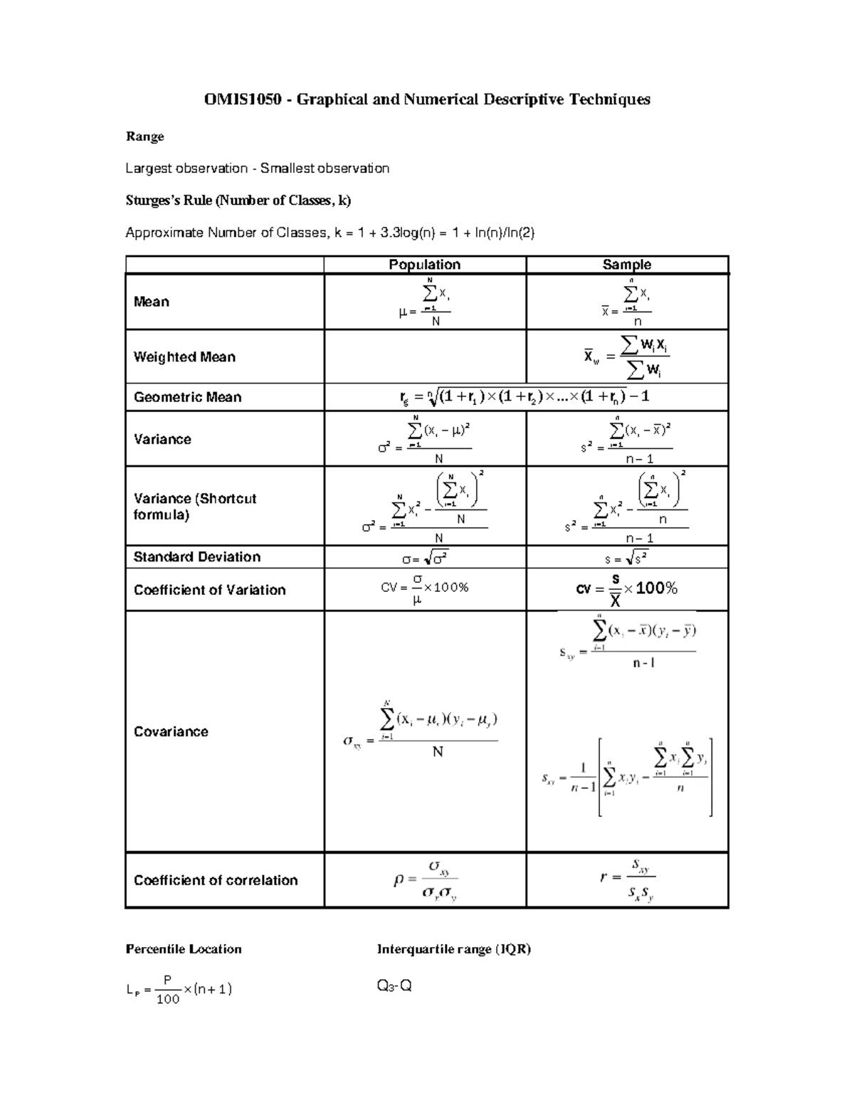 OMIS1050 - Formula Sheet - 2020 - OMIS1050 - Graphical and Numerical Descriptive Techniques ...
