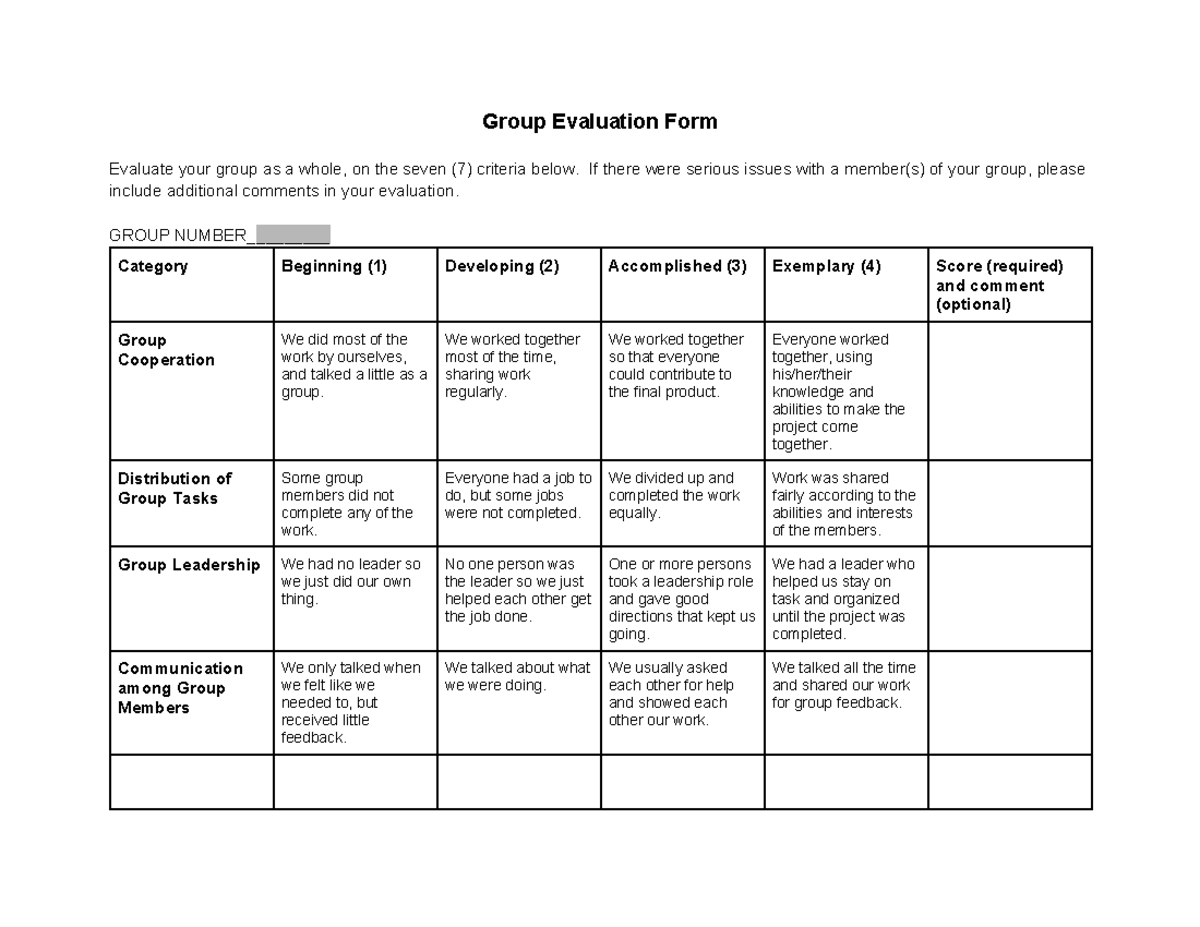 Group Evaluation Form -2 4 - Group Evaluation Form Evaluate your group ...
