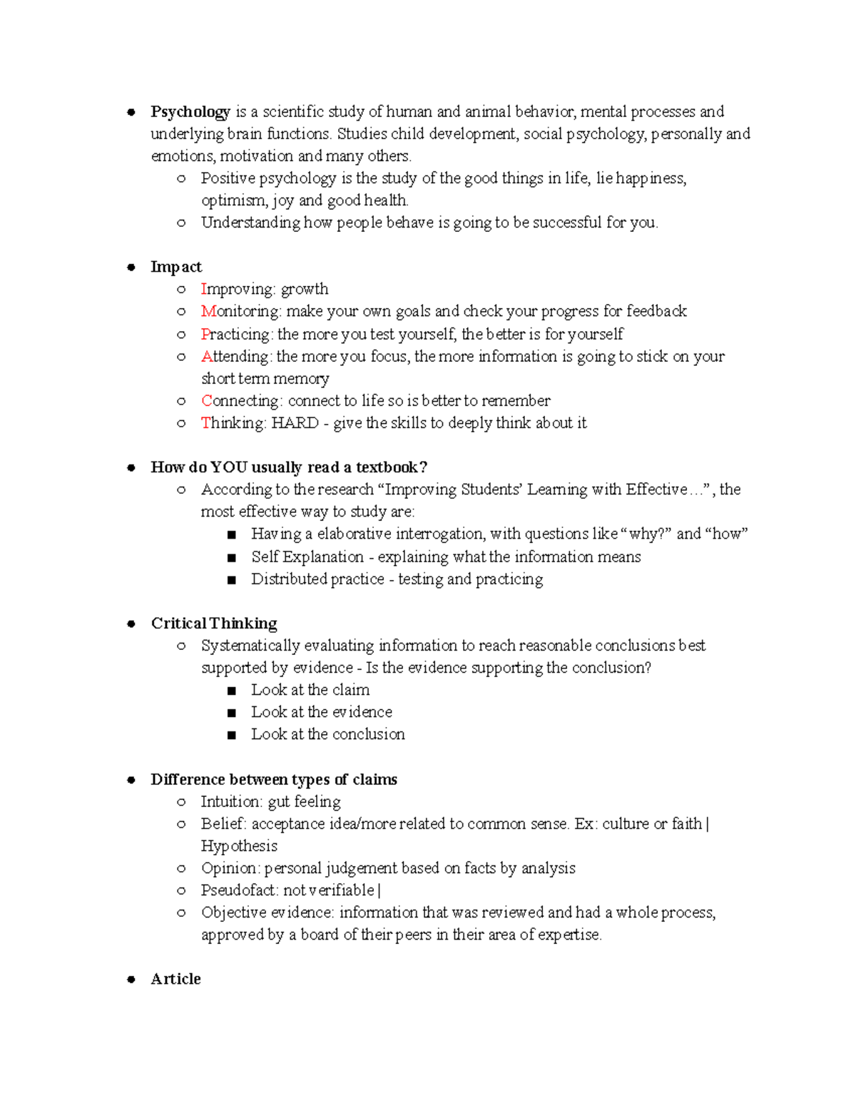 Notes Class - Psychology is a scientific study of human and animal ...