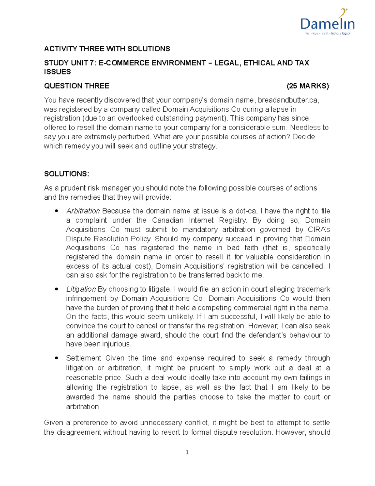 Activity Three WITH Solutions - ACTIVITY THREE WITH SOLUTIONS STUDY ...